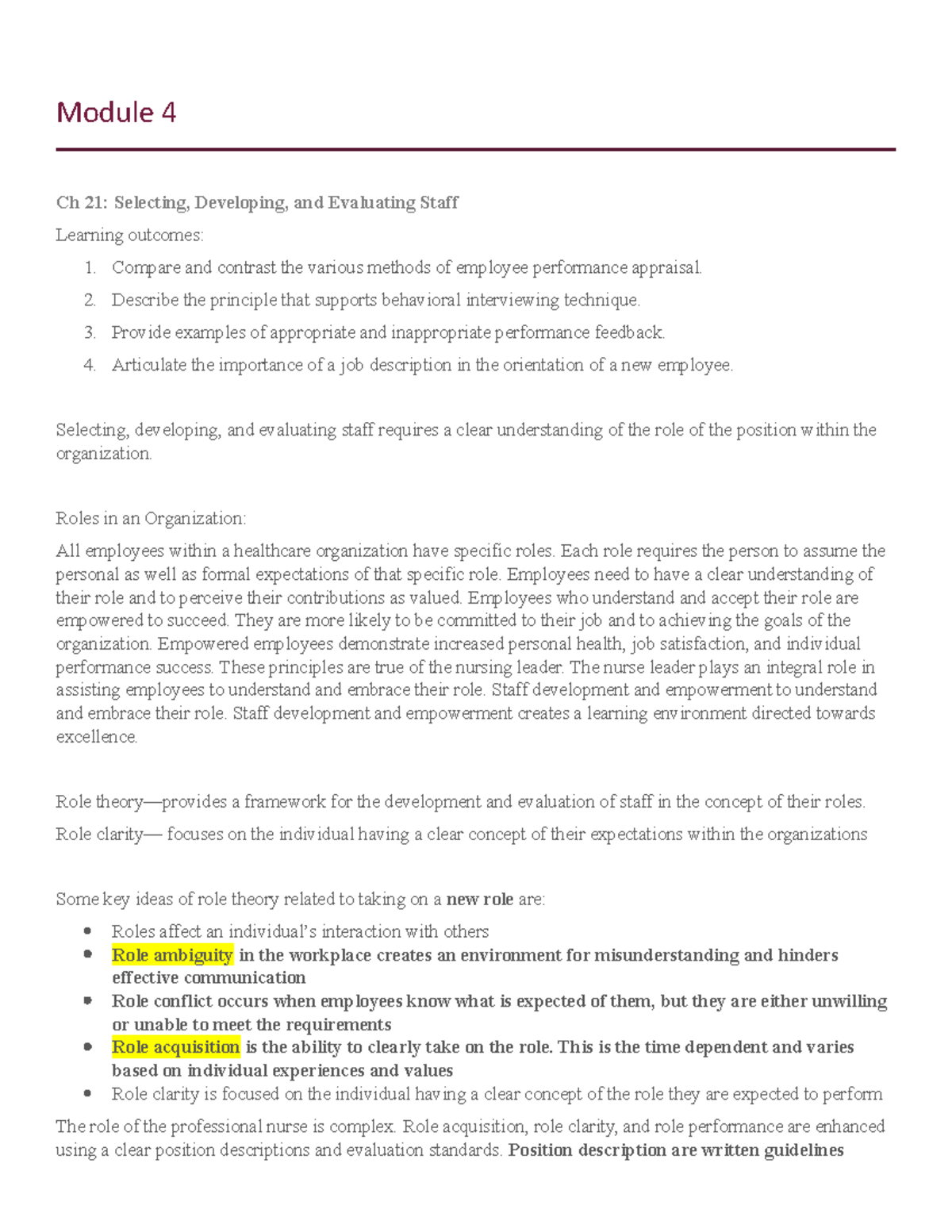 Module 4 - Staff Selection & Development Notes for Nursing Leaders ...