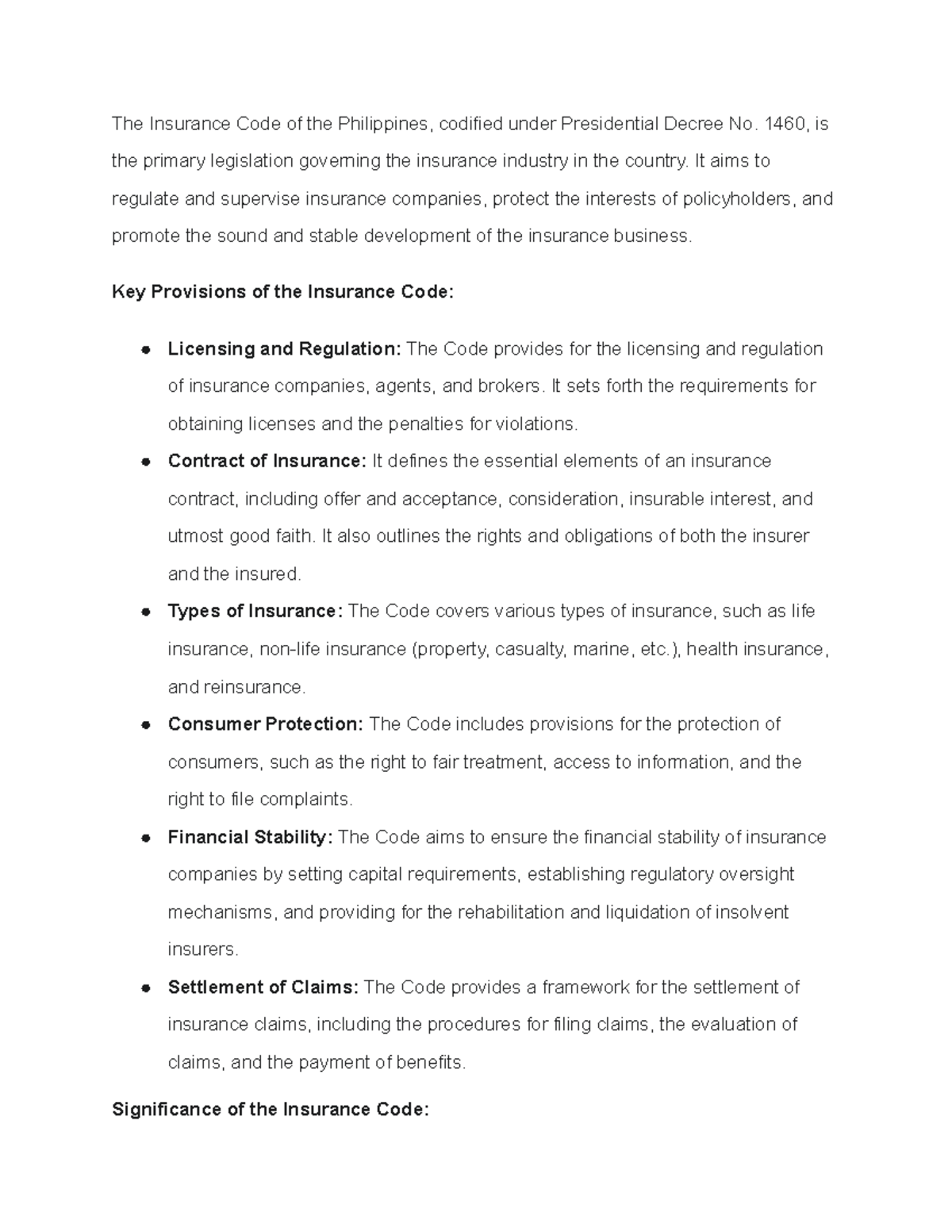 Insurance Code Summary - The Insurance Code of the Philippines ...
