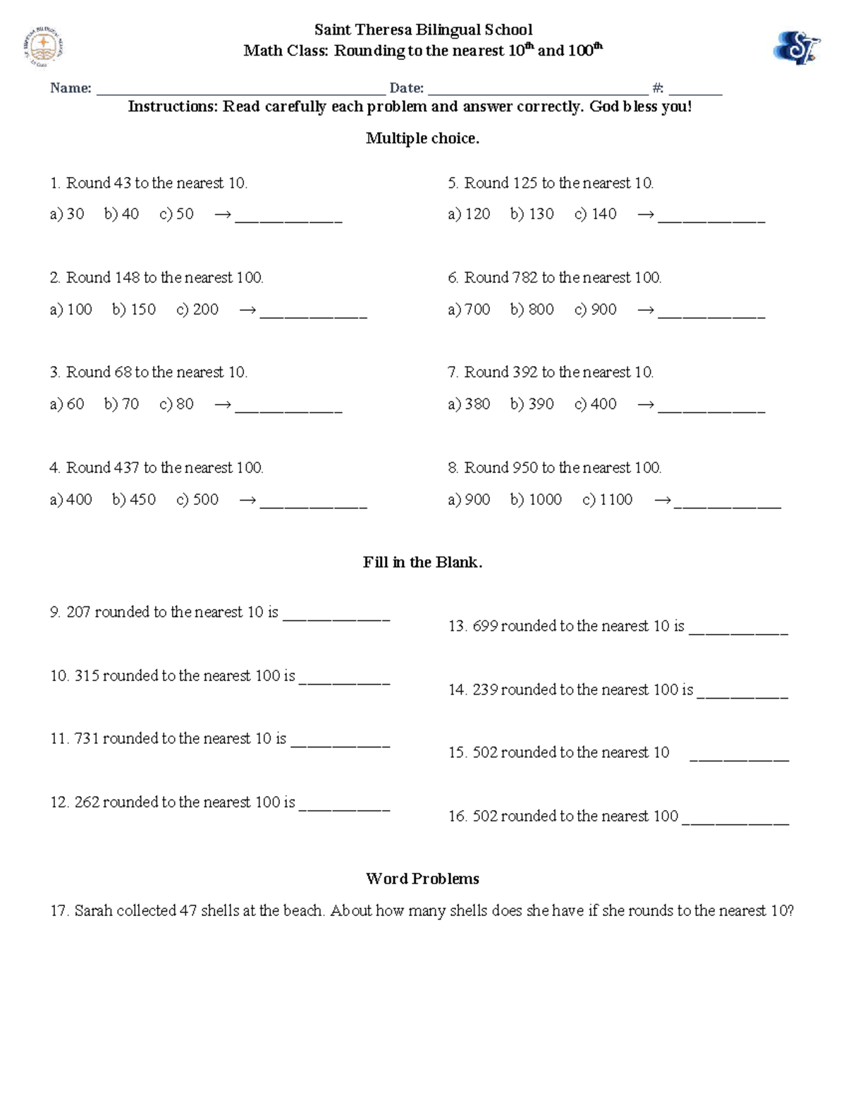 Saint Theresa Bilingual School Math Class: Rounding to Nearest 10 & 100 ...