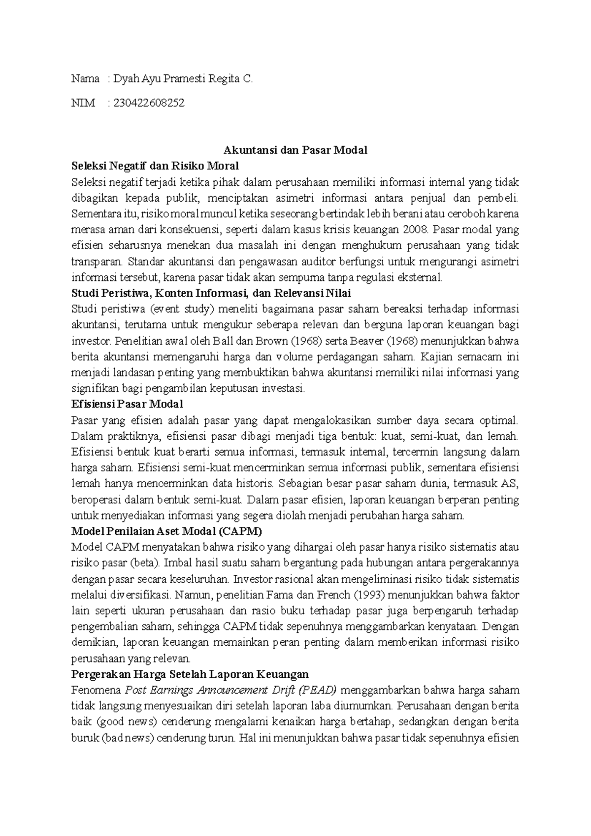 Akuntansi dan Pasar Modal: Seleksi Negatif & Risiko Moral (AKT 101 ...