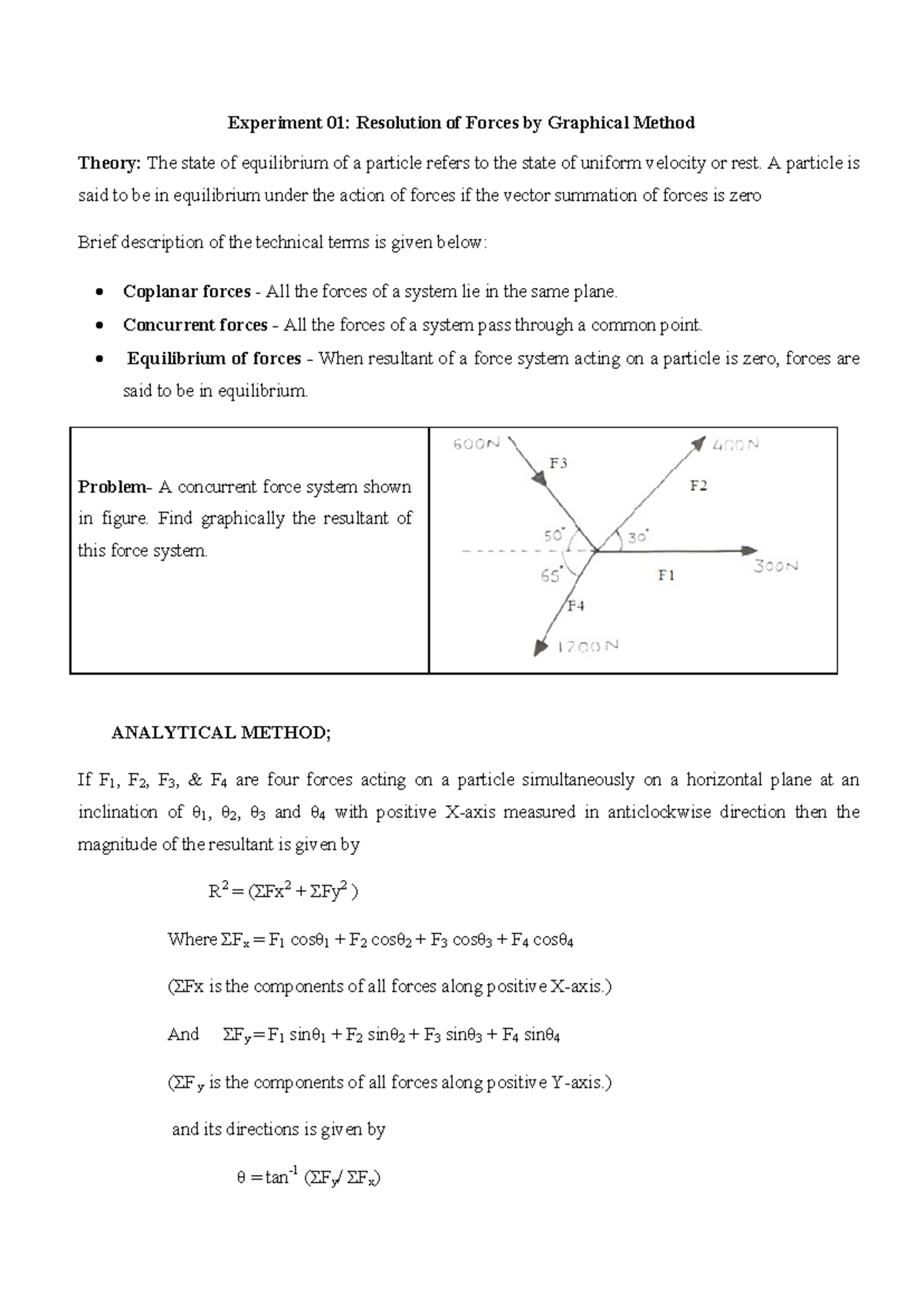Experiment 01: Graphical Method for Resolution of Forces - Studocu
