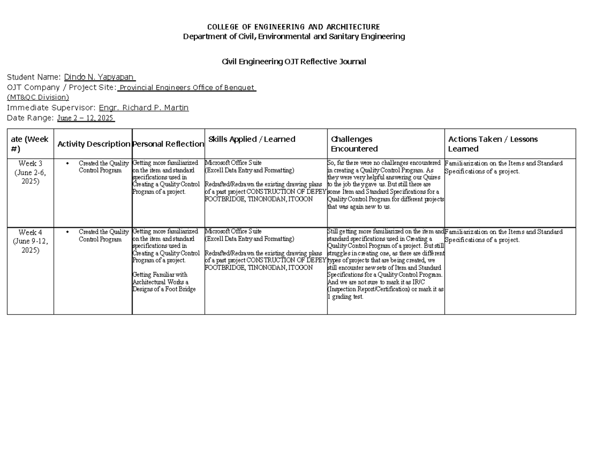 Civil Engineering OJT Reflective Journal (CE 101) - Dindo N. Yapyapan ...