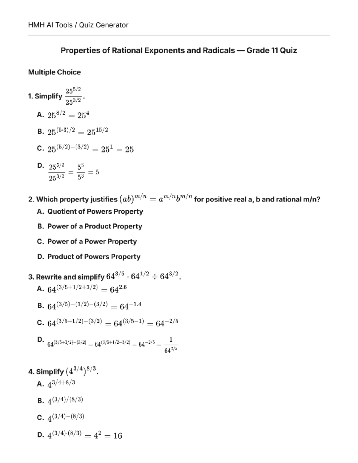 Algebra 2 Quiz: Properties of Rational Exponents & Radicals - Studocu
