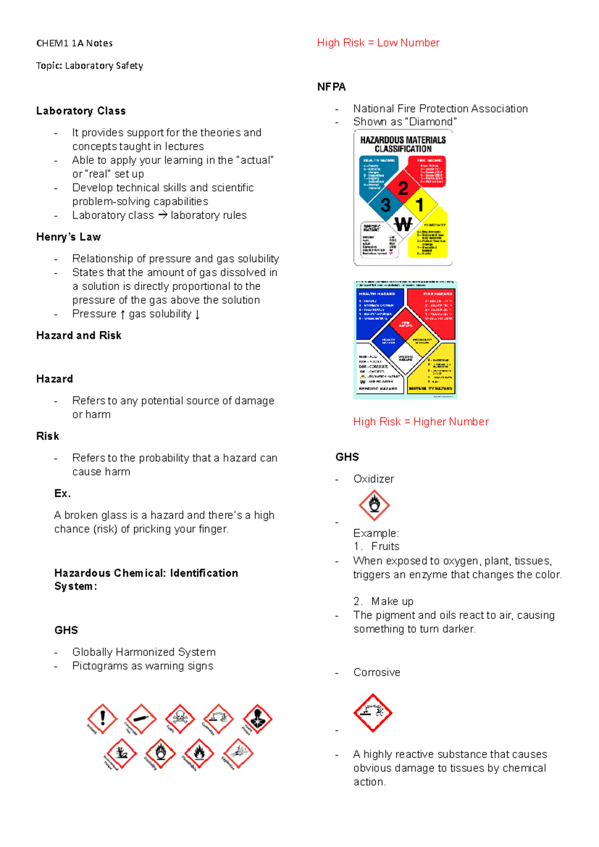 CHEM 1 1A Notes - GENERAL CHEMISTRY - CHEM1 1A Notes Topic: Laboratory ...
