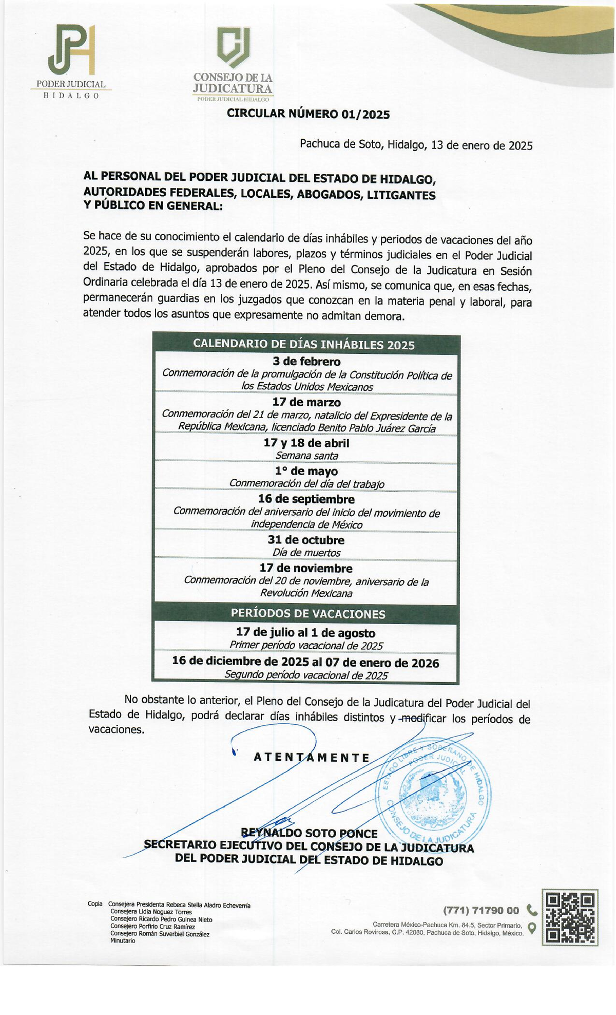 Circular N° 1/2025: Días Inhábiles y Vacaciones Poder Judicial Hidalgo ...