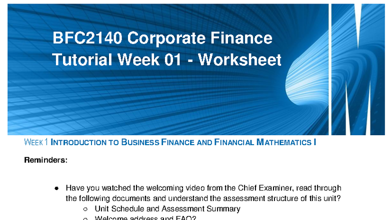 BFC2140 Week 1 Corporate Finance Tutorial Worksheet - Studocu