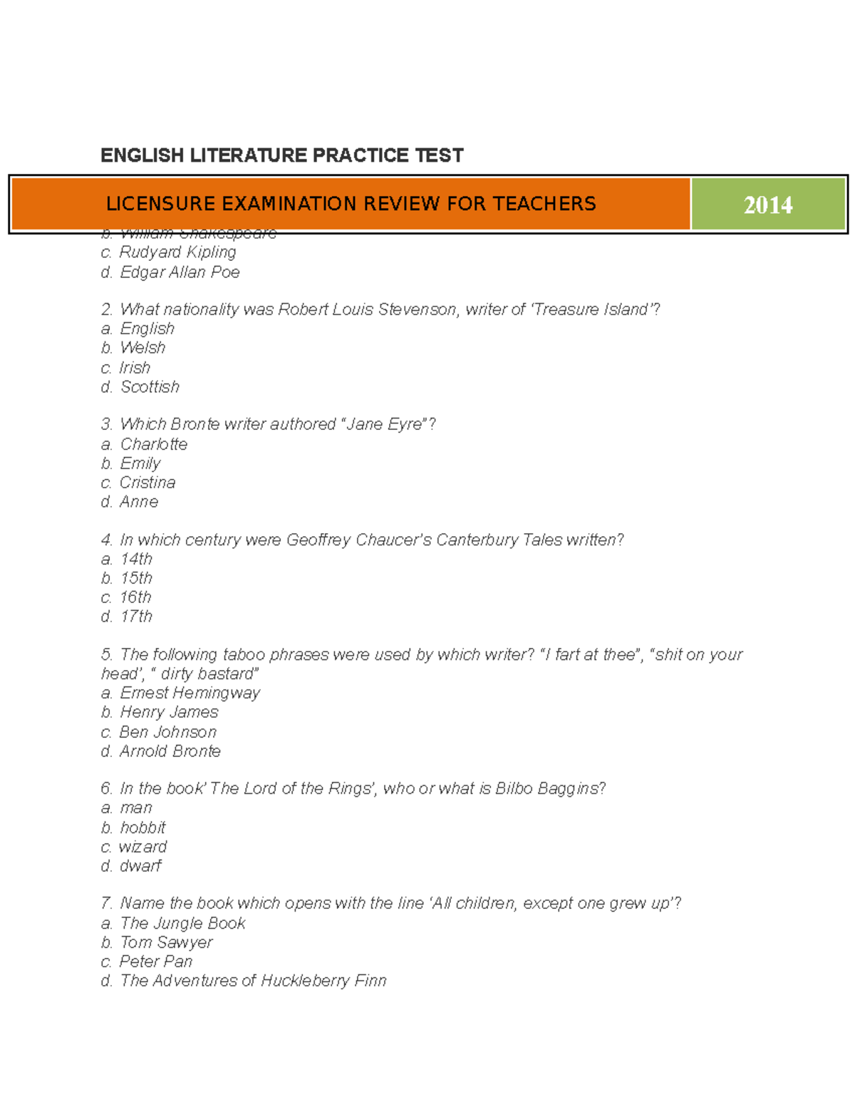English Literature Practice Test 1: Key Questions & Answers - Studocu