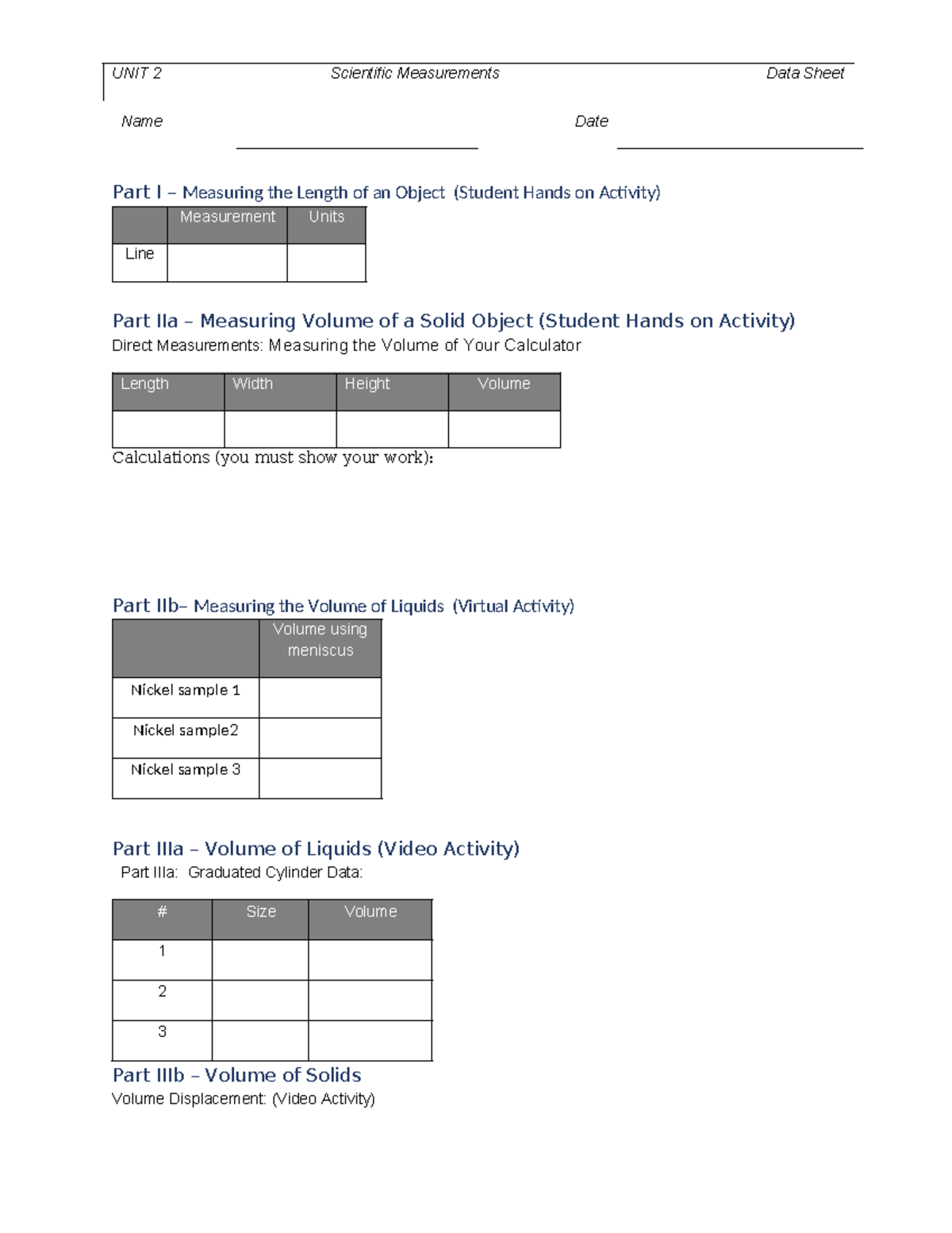Unit 2 scientific measurements data sheet - Name Date Part I ...