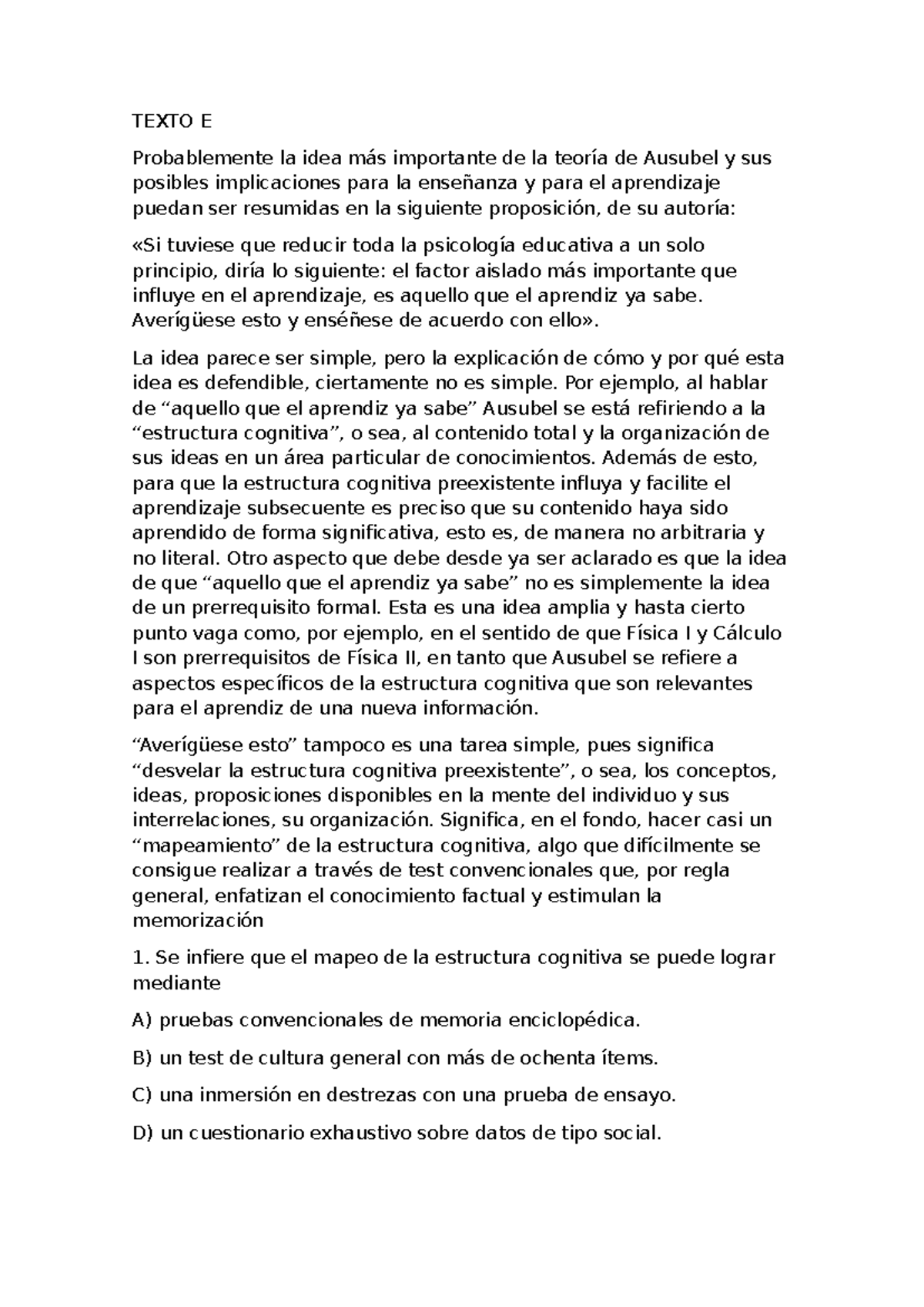 TEXTO E Comprensión Lectora 2: Teoría de Ausubel y su Impacto en la ...