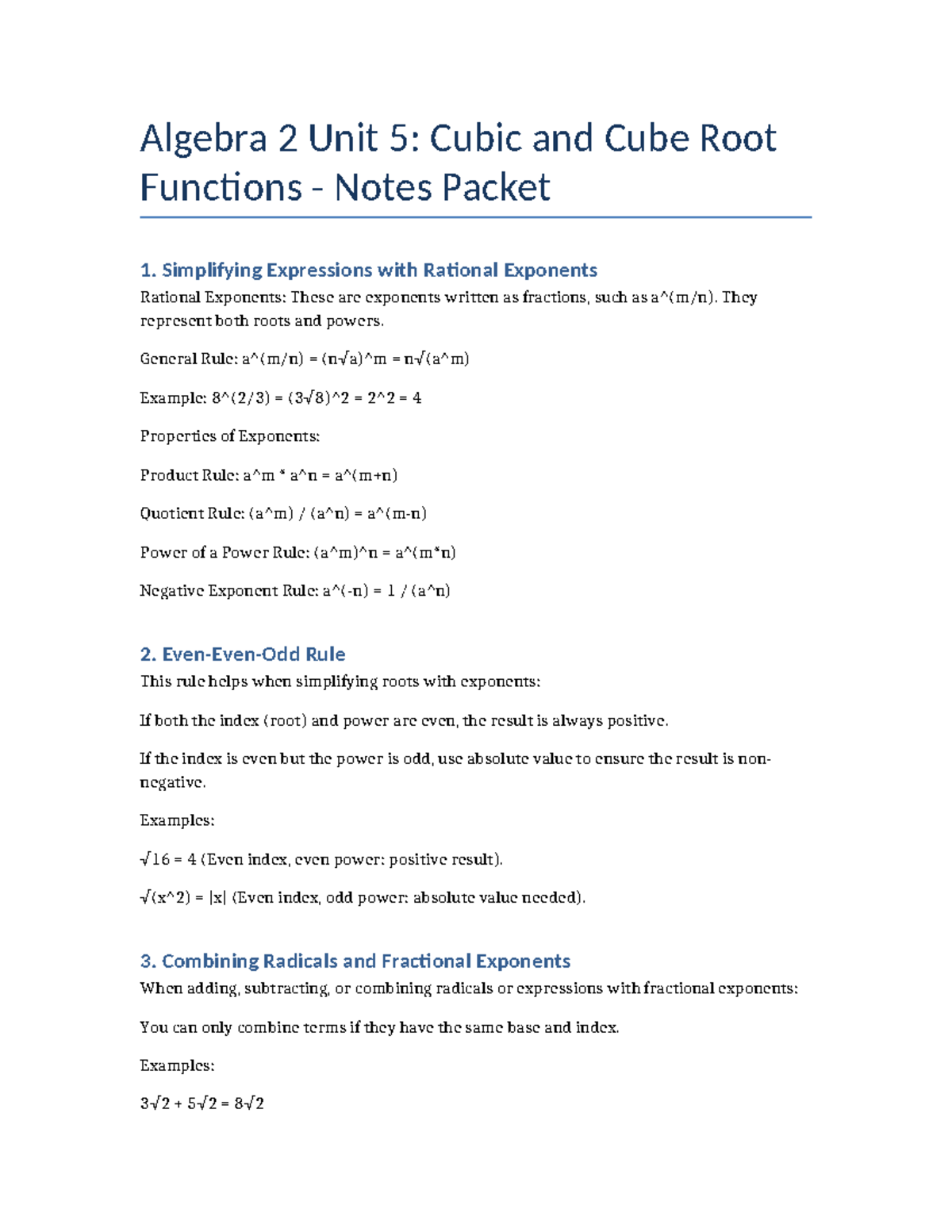 Algebra 2 Unit 5 Notes Packet - Algebra 2 Unit 5: Cubic and Cube Root ...