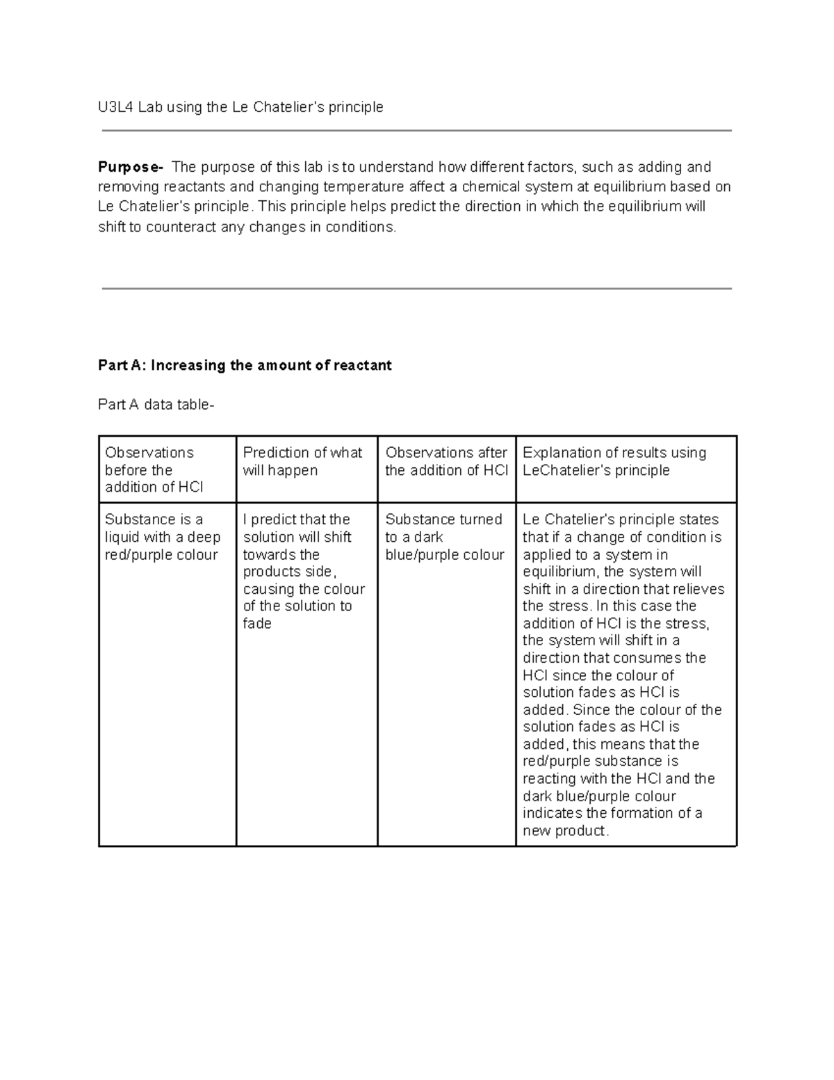 U3L4 Lab: Investigating Le Chatelier’s Principle Effects on Equilibrium - Studocu