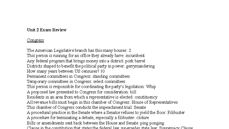 Unit 2 Exam Review: Congress, Presidency, Bureaucracy, and Federal ...