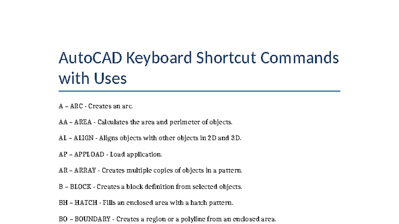 AutoCAD Keyboard Shortcuts: Essential Commands Guide - Studocu