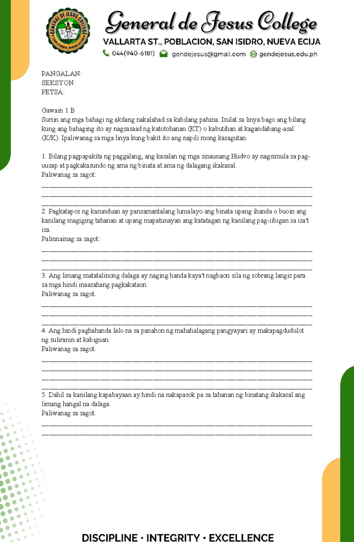 Gawain 1 B-C: Pagsusuri sa mga Bahagi ng Akda at Paliwanag - Studocu
