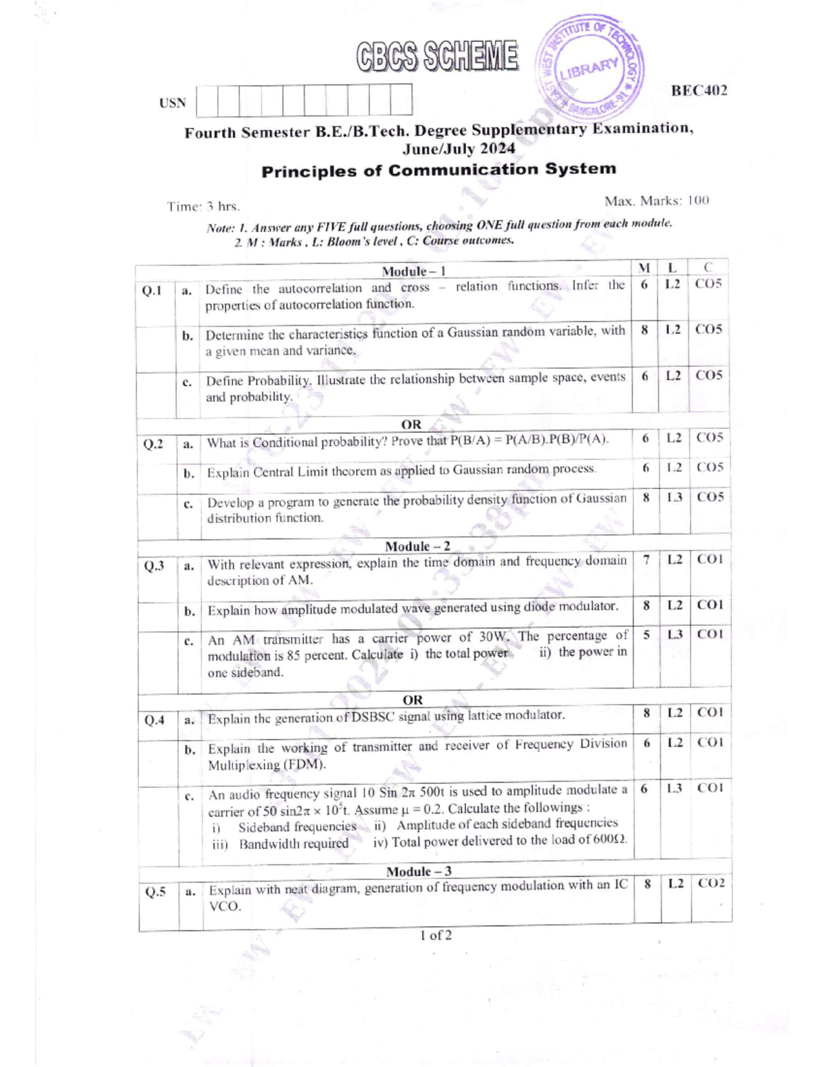 BEC402 Fourth Sem Supplementary Exam 2024: Principles of Communication ...