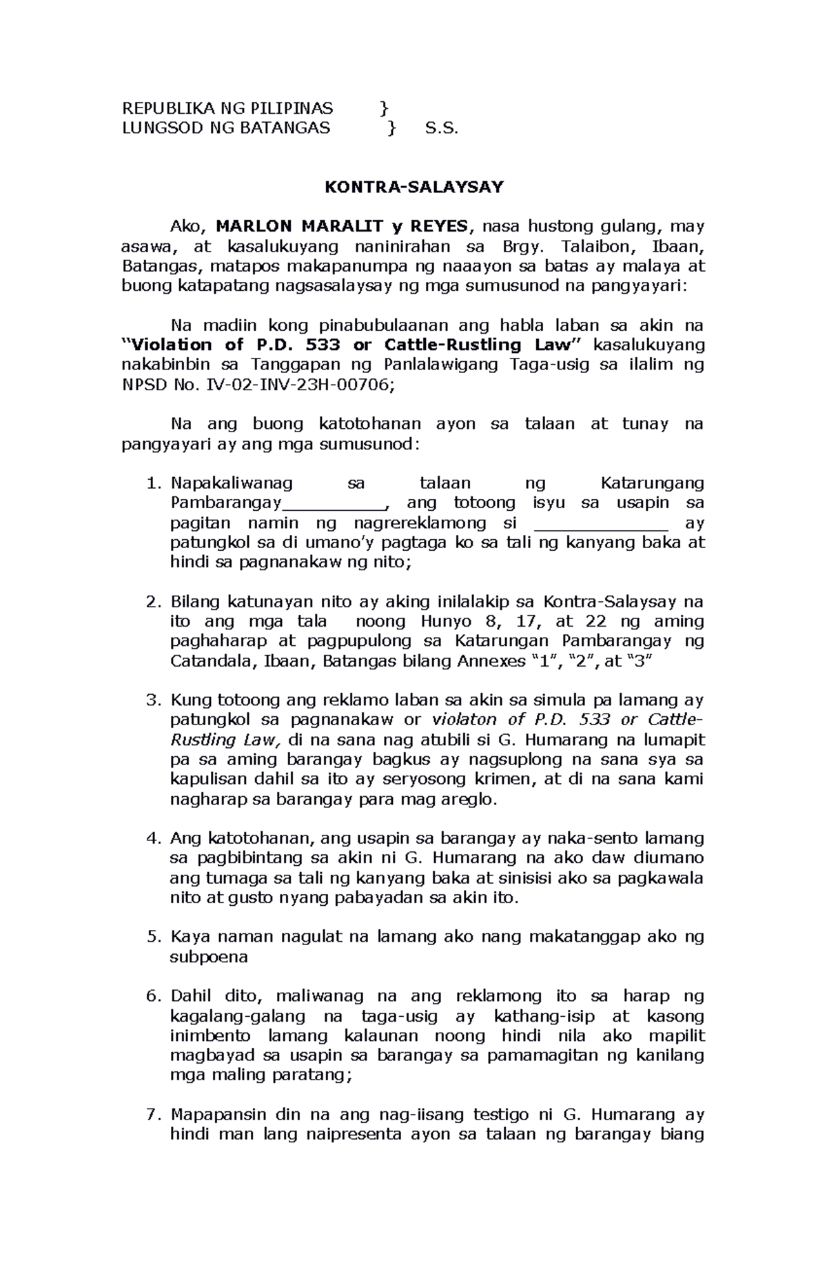 Kontra-Salaysay at Sinumpaang Salaysay: Sample Legal Forms - Studocu