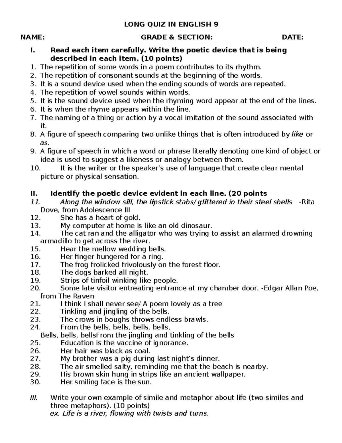 LONG QUIZ IN English 9 - LONG QUIZ IN ENGLISH 9 NAME: GRADE & SECTION ...