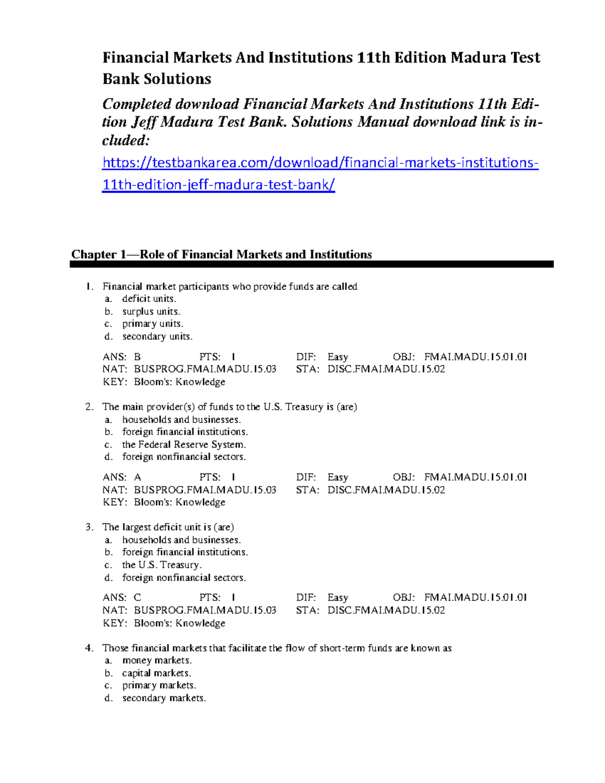 Test Bank for Financial Markets & Institutions (11th Ed) by Madura ...