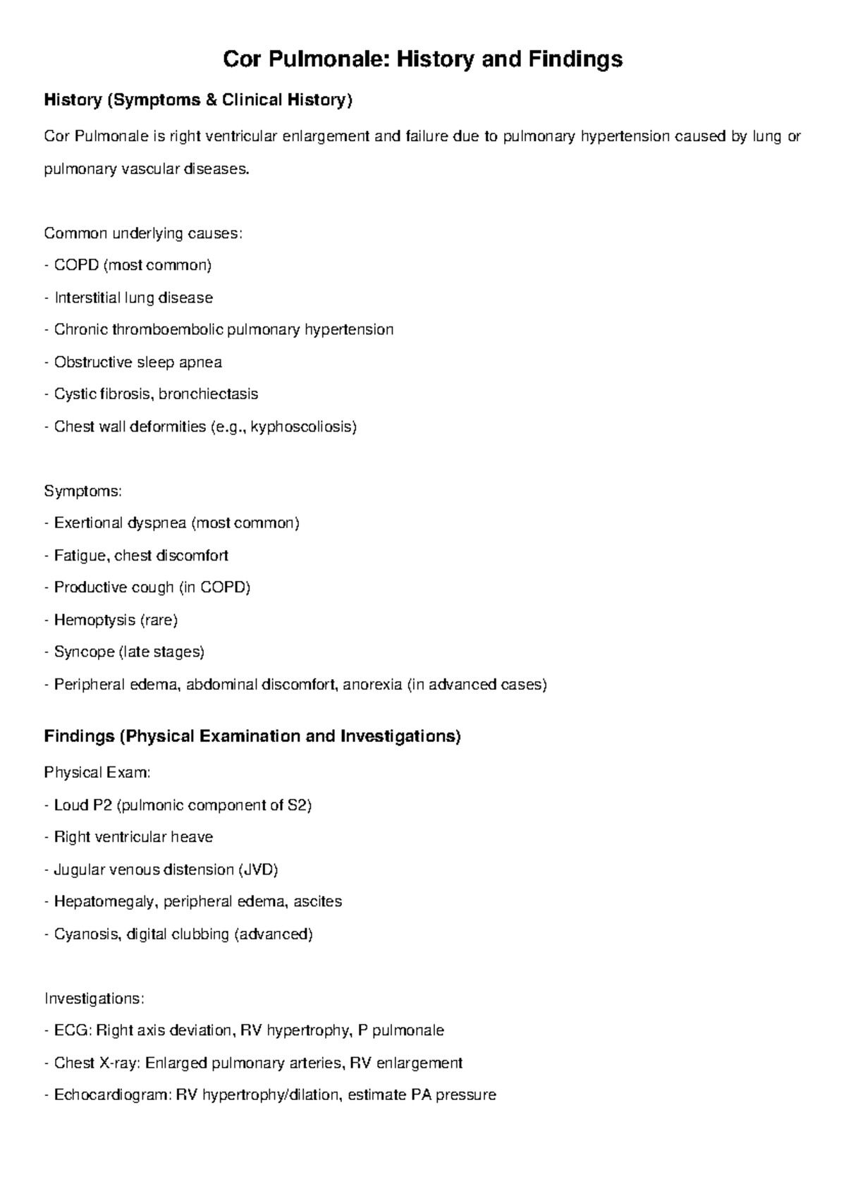 Cor Pulmonale: History & Clinical Findings (Symptoms & Exam) - Studocu