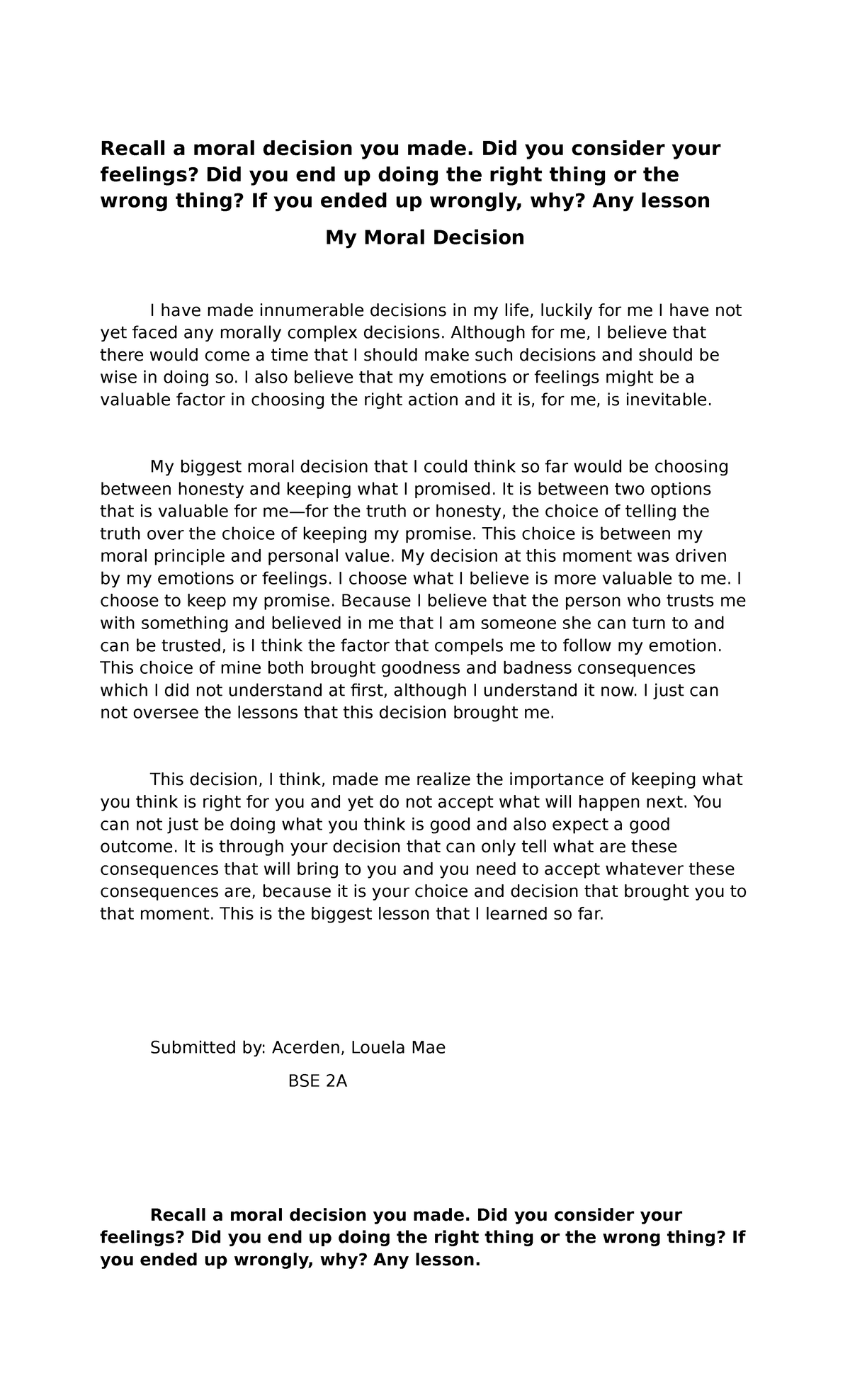 Moral Decision-Making Reflections: Insights and Lessons in BSE 2A - Studocu