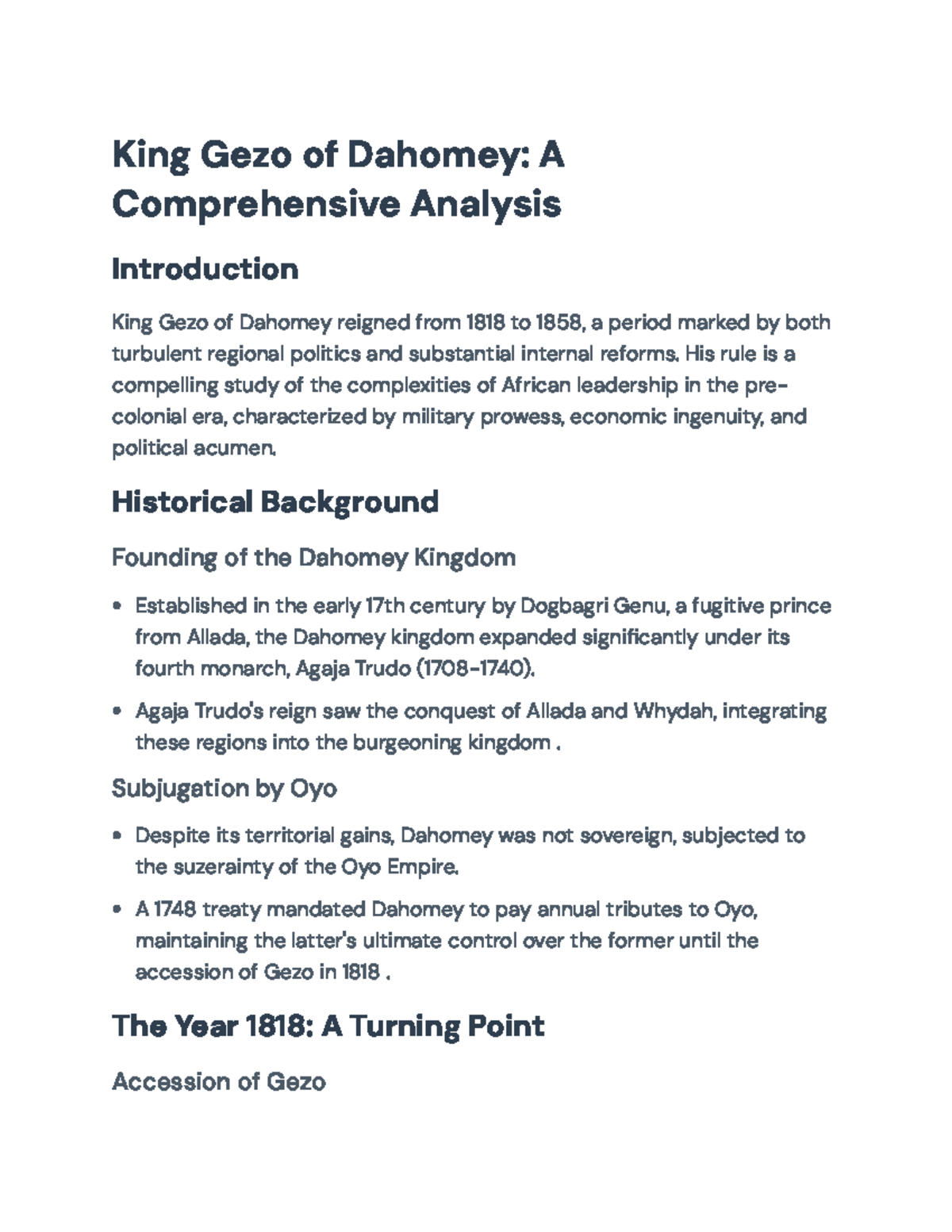 Analysis of King Gezo of Dahomey: Reforms and Legacy (Course Code ...