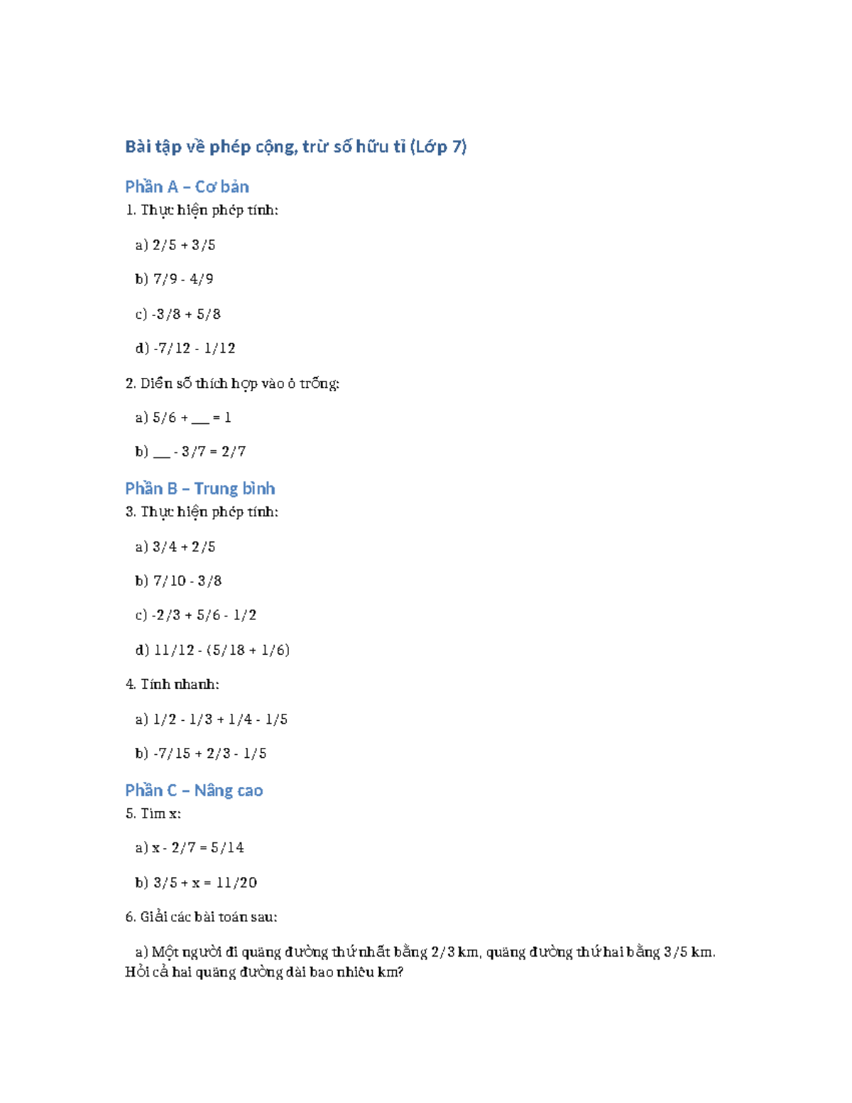 Bài Tập Cộng, Trừ Số Hữu Tỉ (Lớp 7) - Cơ Bản, Trung Bình, Nâng Cao ...