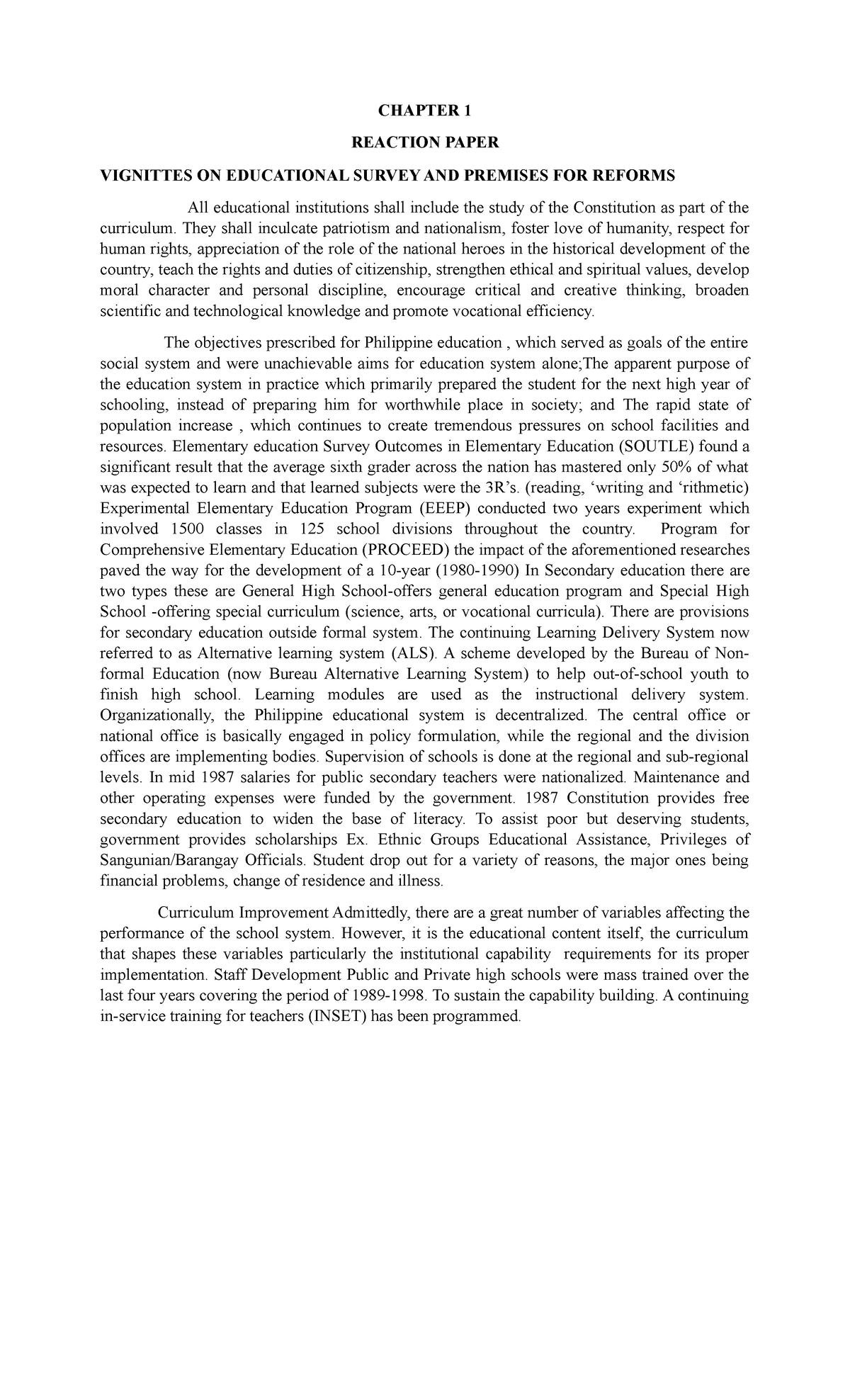 11 Reaction Paper: Insights on Educational Reforms and Practices - Studocu