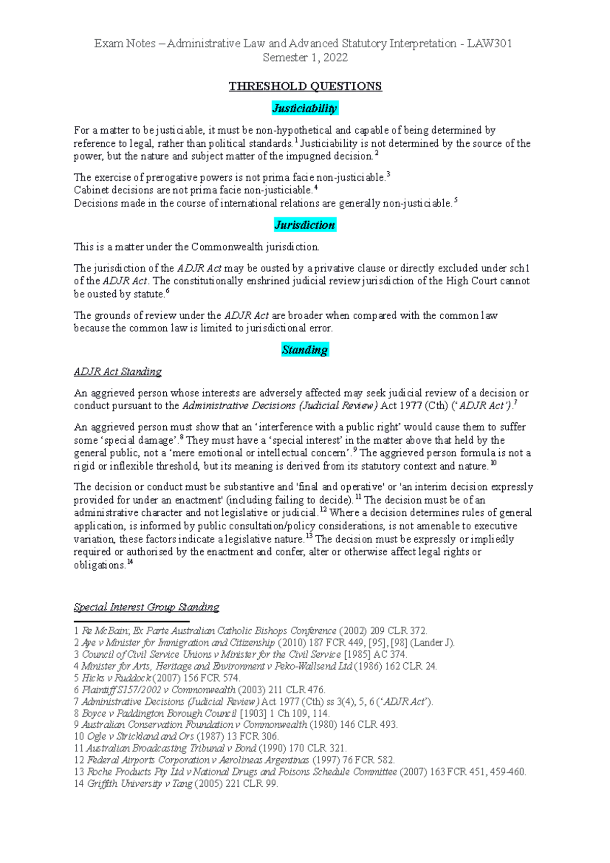 Exam Notes - Admin Law - LAW301 - Semester 1, 2022 THRESHOLD QUESTIONS ...