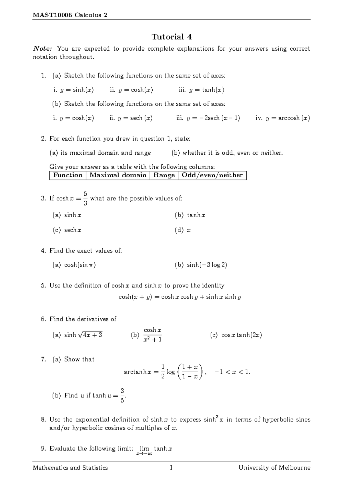 MAST10006 Tute4 - Week5 - MAST10006 Calculus 2 Tutorial 4 Note: You are ...