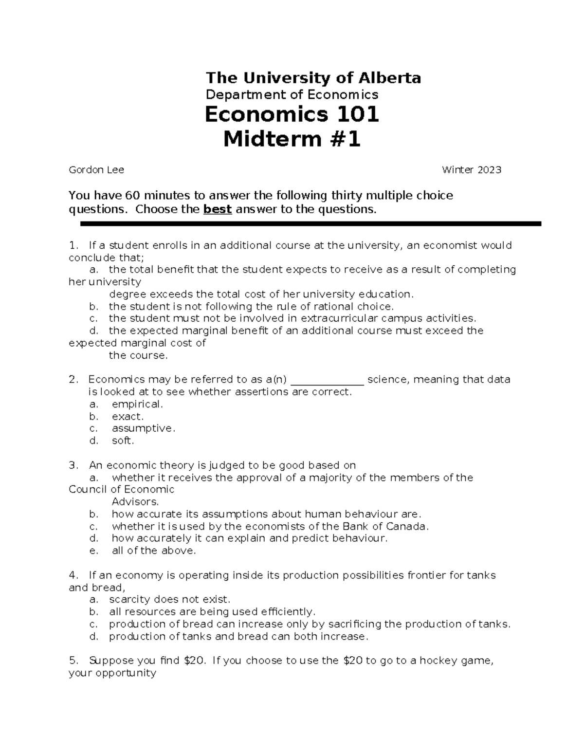 Economics 101 Midterm Practice Questions - Winter 2023 - Studocu