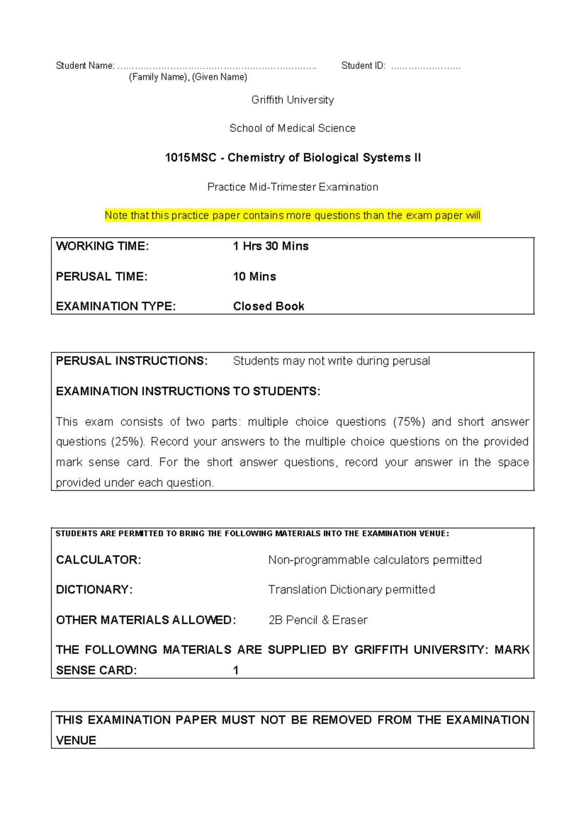 1015MSC Chemistry of Biological Systems II Practice Exam Answers - Studocu