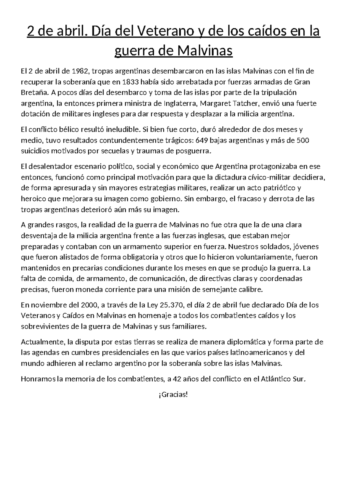 Día del Veterano: Recuerdo del Conflicto Malvinas - 2 de abril - Studocu