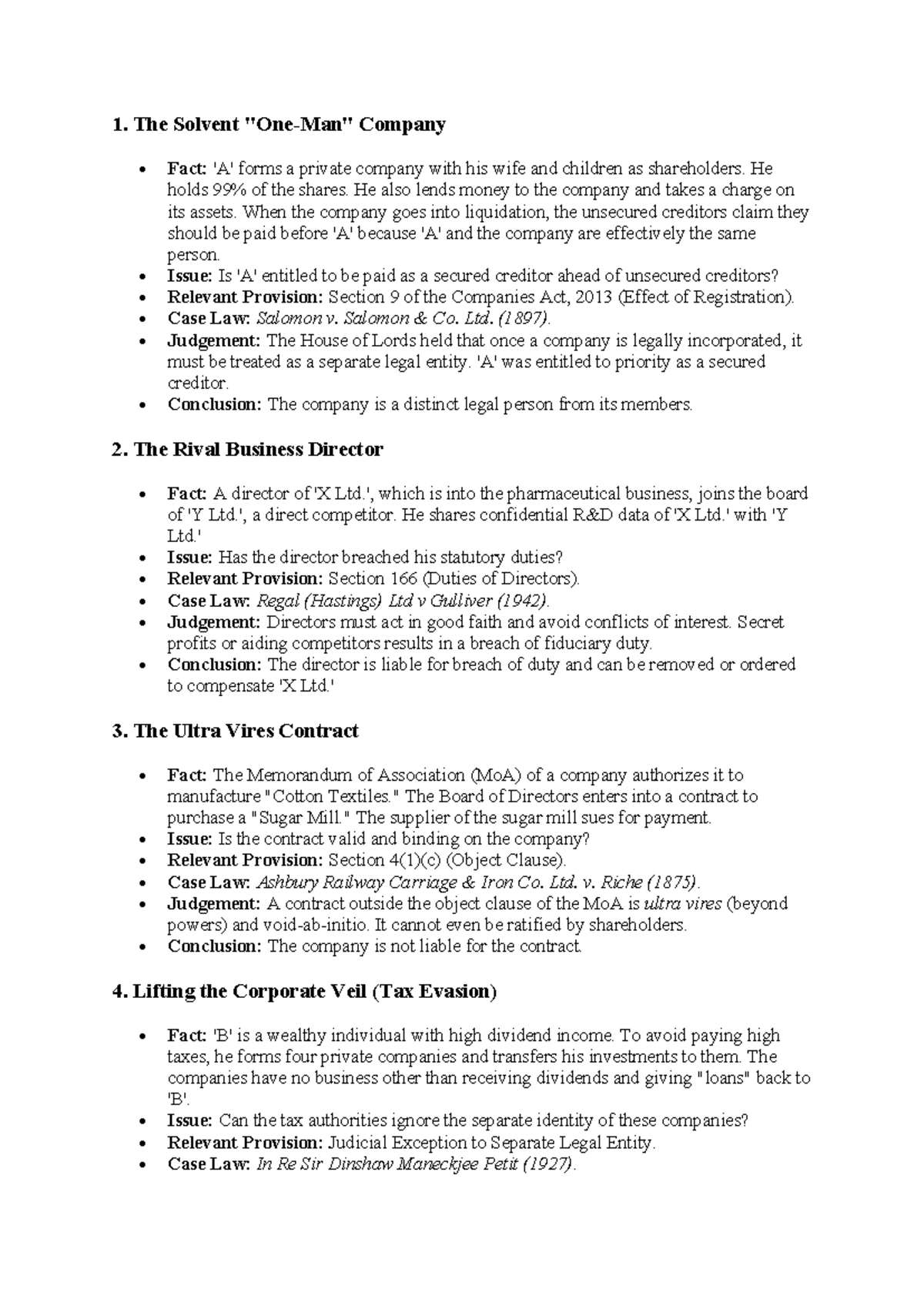 Company Law Important Problems: Key Issues & Case Analyses - Studocu