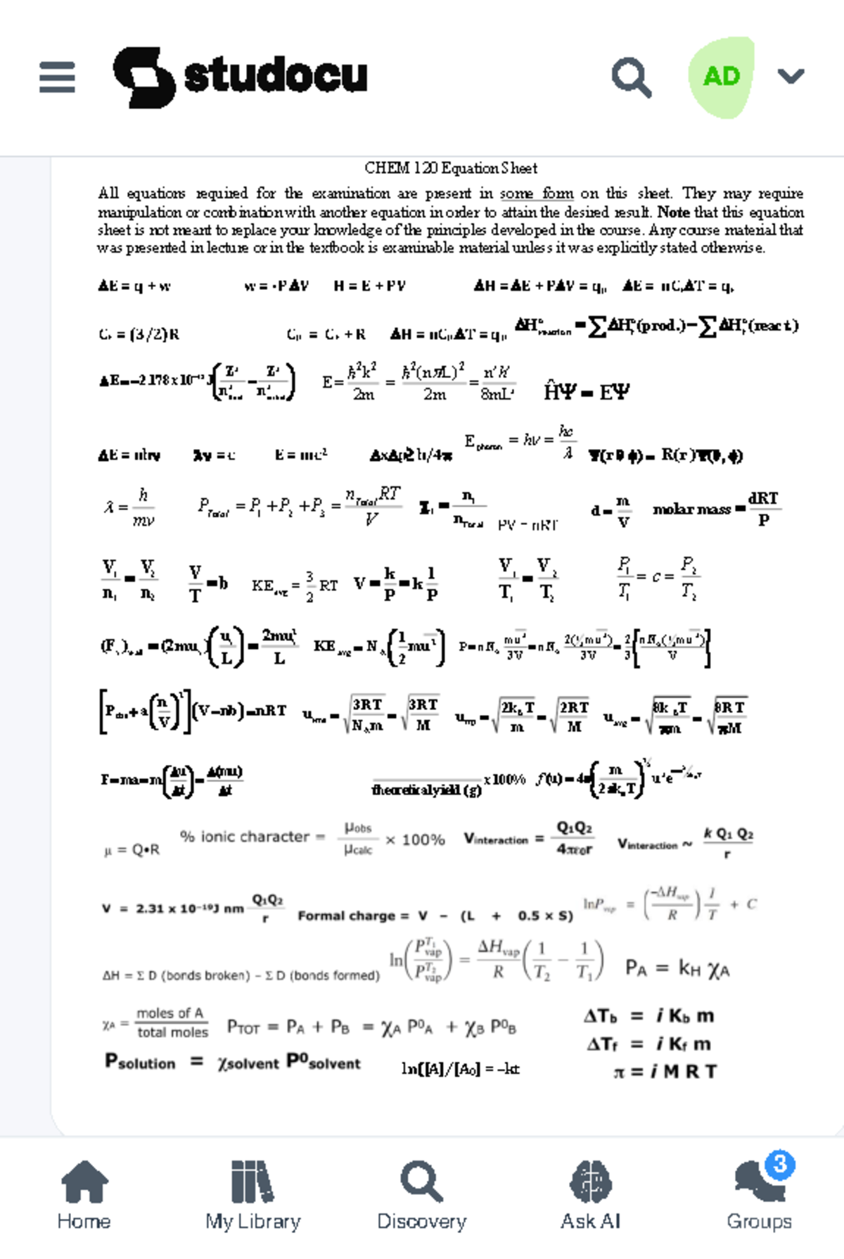 CHEM120 ALL Formulas - CHEM 120 Equation Sheet All equations required ...
