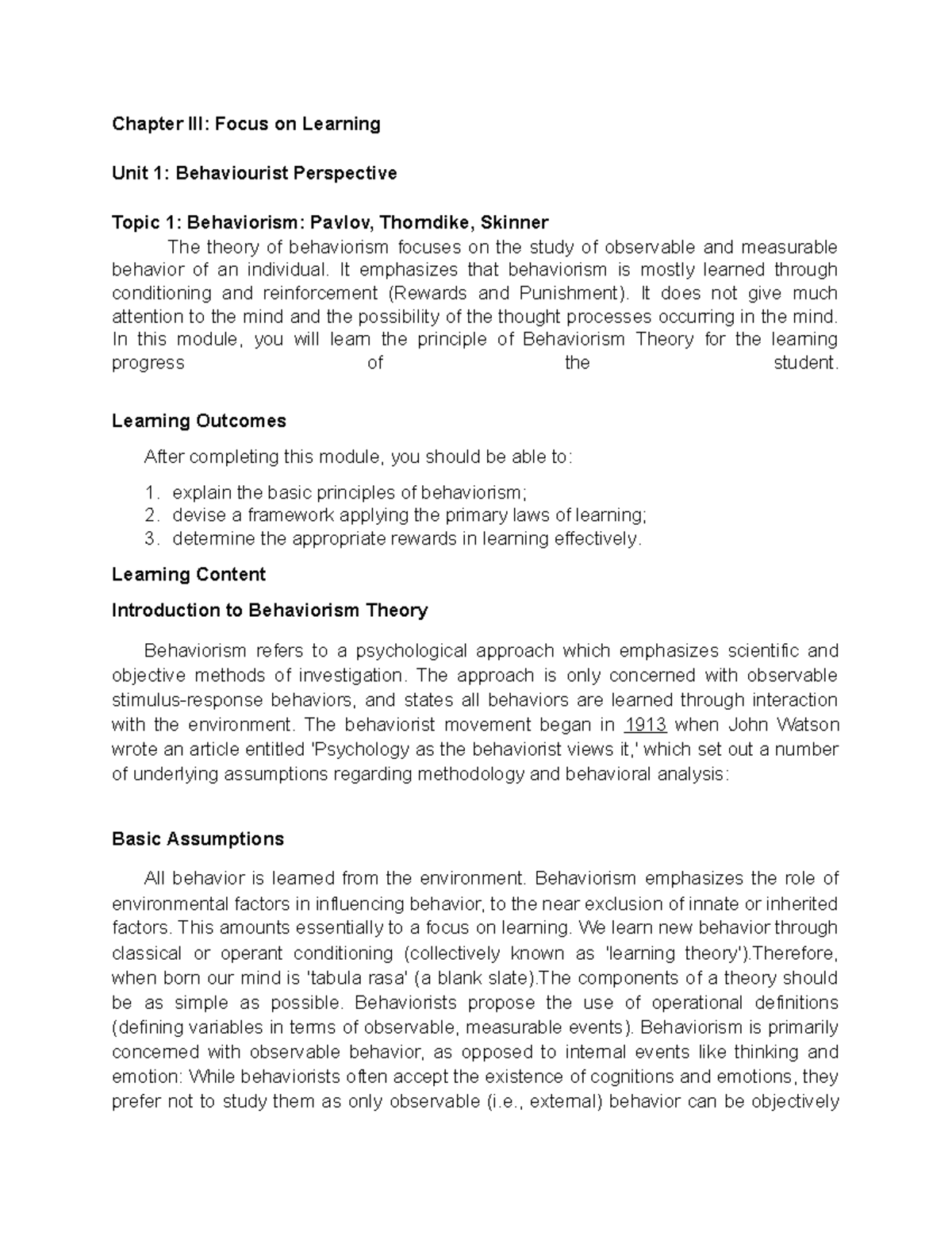 Module 4: Understanding Behaviorism in Learning - PROF ED - Studocu