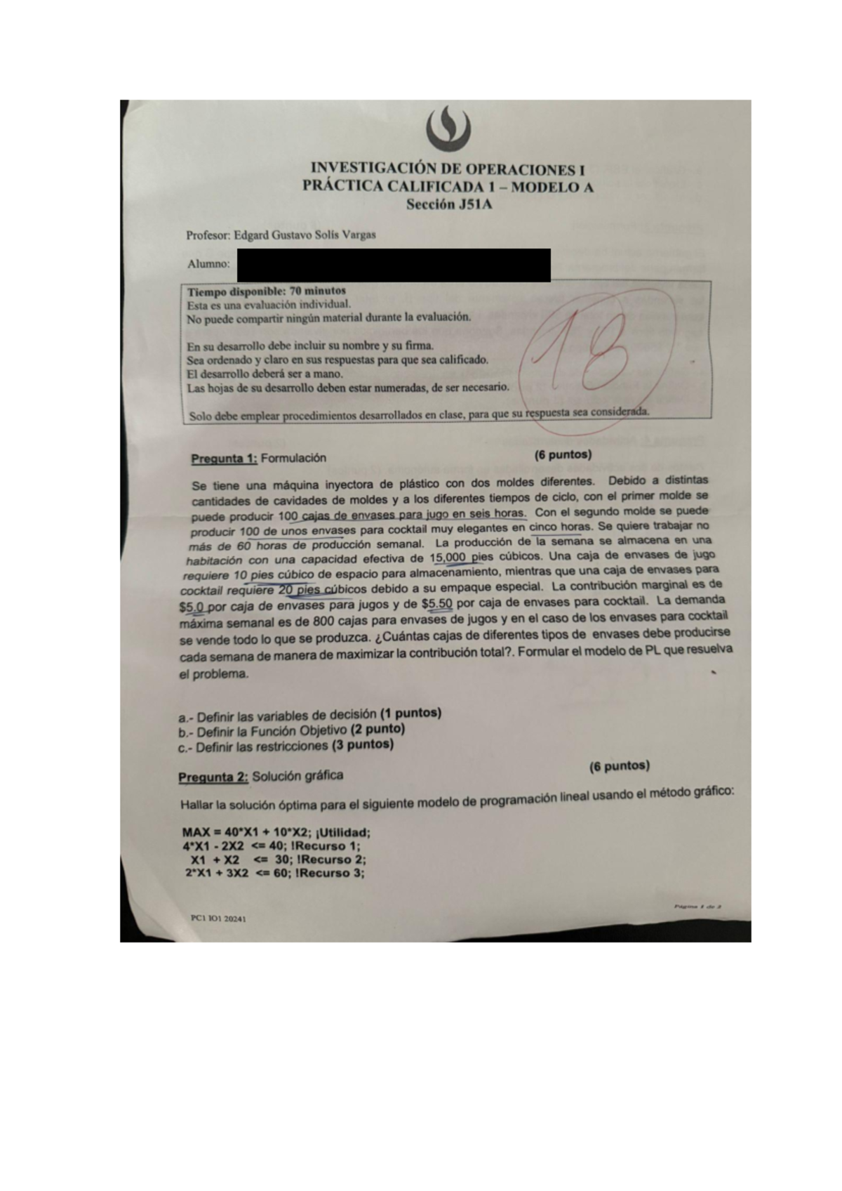 PC1 - Iop 1 - Pc 1 Se obtuvo en la pc 17/18 puntos - INVESTIGACIÓN DE OPERACIONES I PRÁCTICA ...