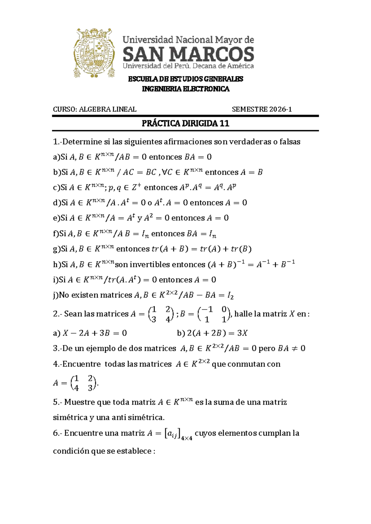 Práctica Dirigida de Álgebra Lineal - ESCUELA DE ESTUDIOS GENERALES ...