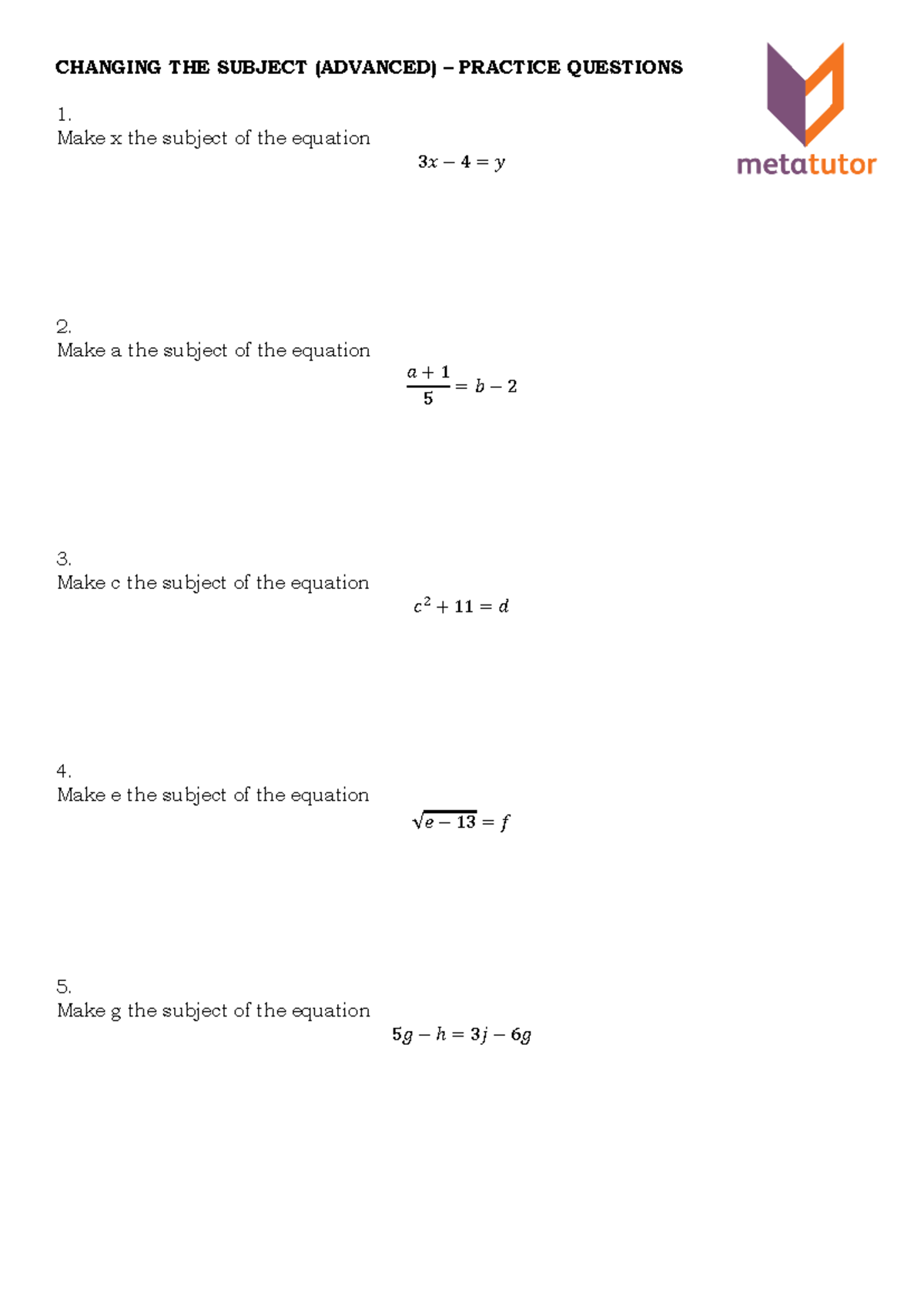 Changing the Subject (ADVANCED) Practice Questions - Studocu