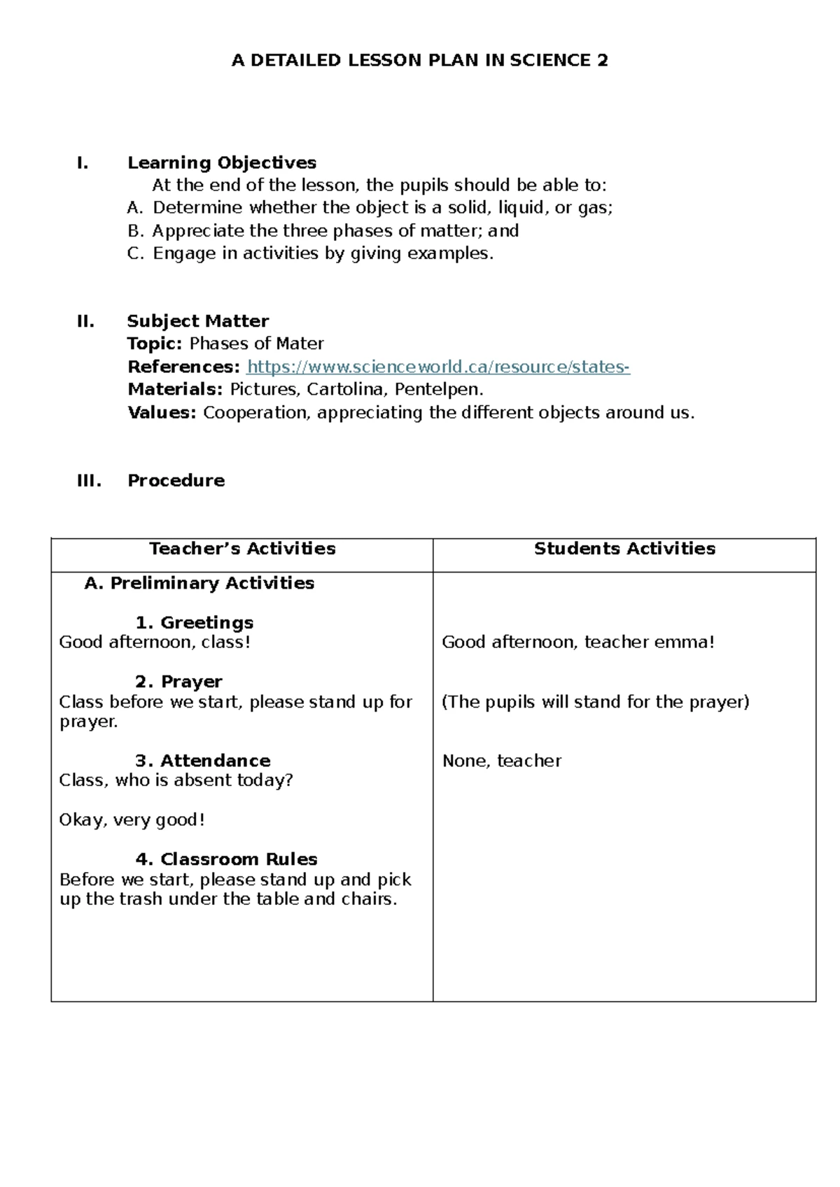 A Detailed Lesson Plan for Science 2: Exploring Phases of Matter - Studocu