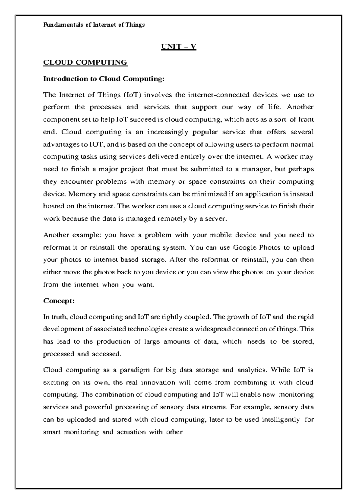 Fundamentals of IoT and Cloud Computing: UNIT V Overview - Studocu