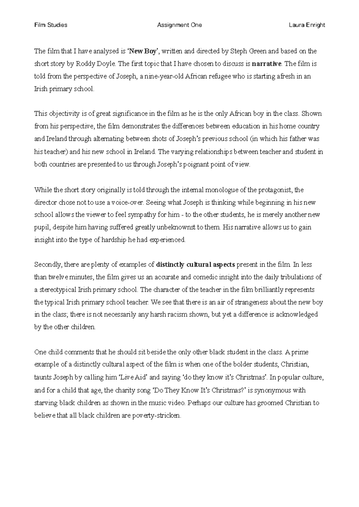 Film Studies Assignment 1: Analysis of 'New Boy' by S. Green & R. Doyle - Studocu