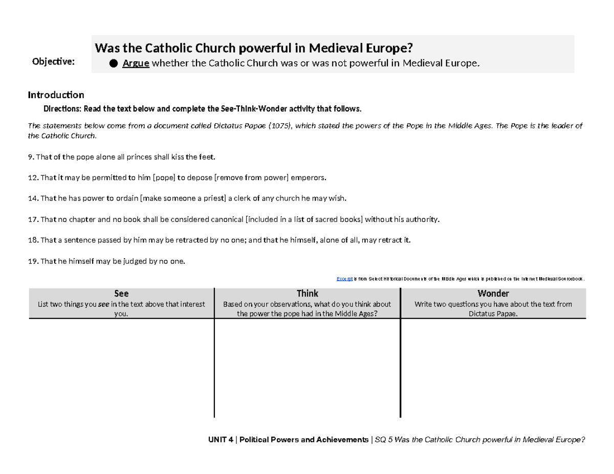 801 SQ 5: Analyzing the Catholic Church's Power in Medieval Europe ...
