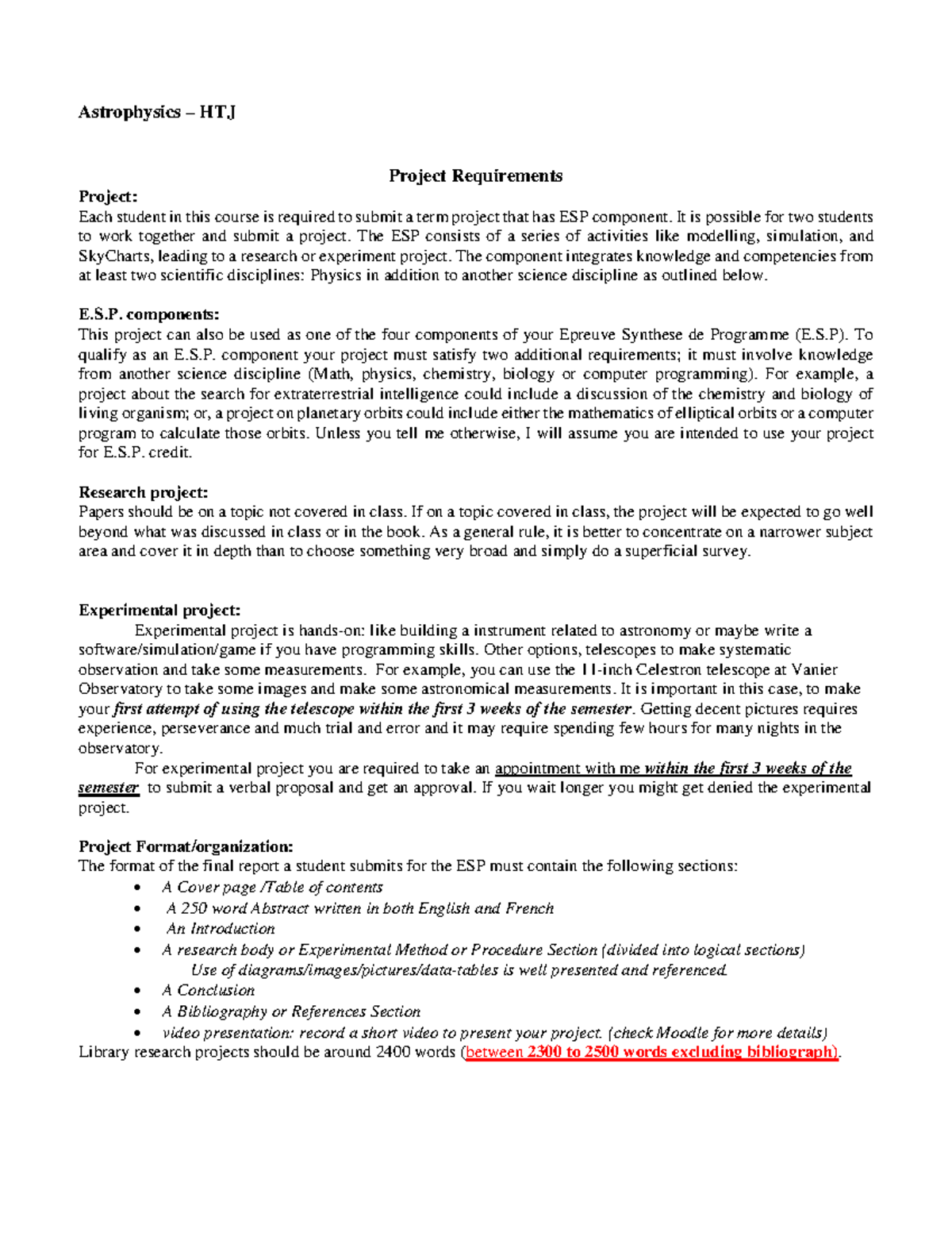 Astrophysics HTJ Project: ESP Guidelines and Requirements - Studocu
