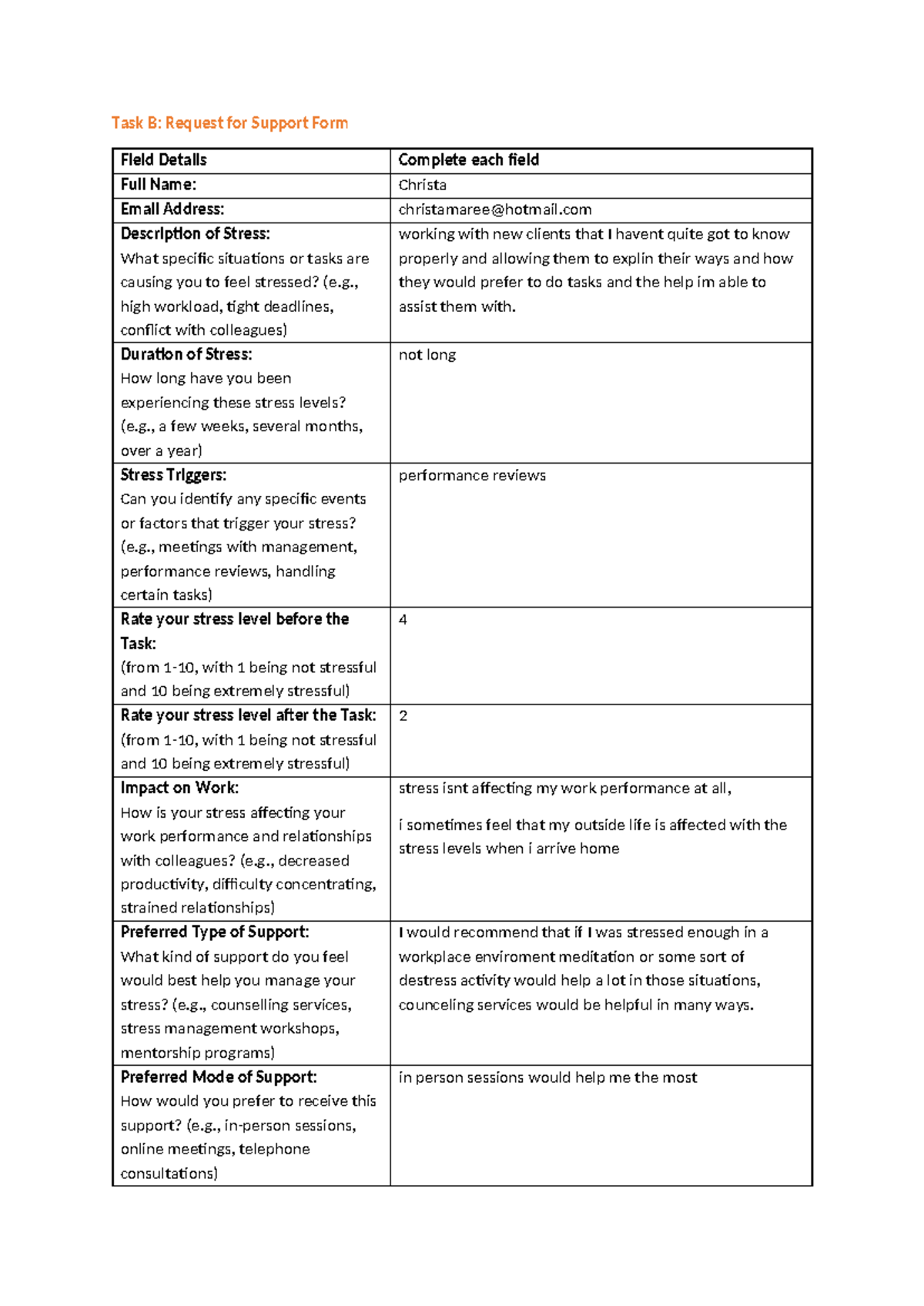 Task B: Support Request Form Details for Stress Management - Studocu