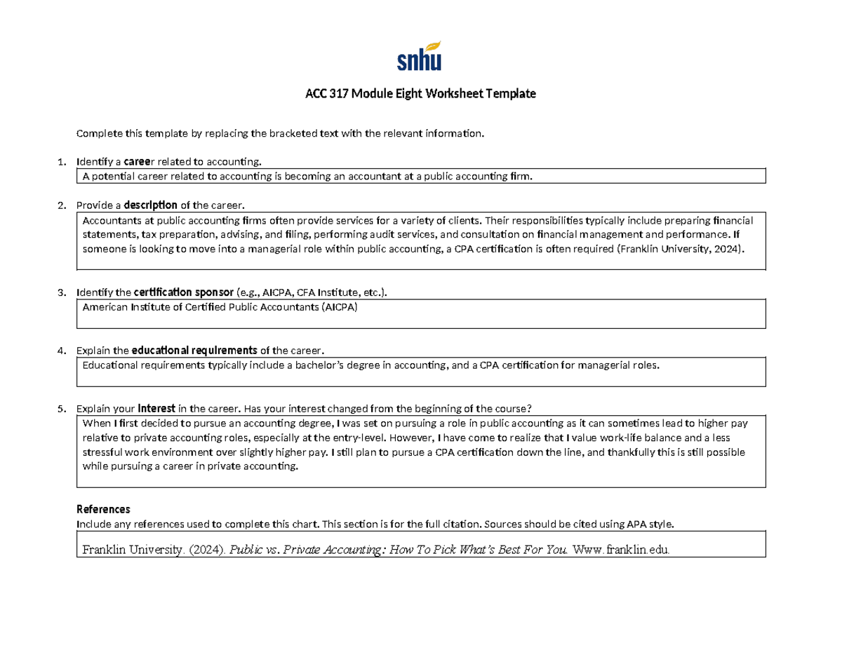 ACC 317 Module Eight Worksheet - 1. Identify a career related to ...