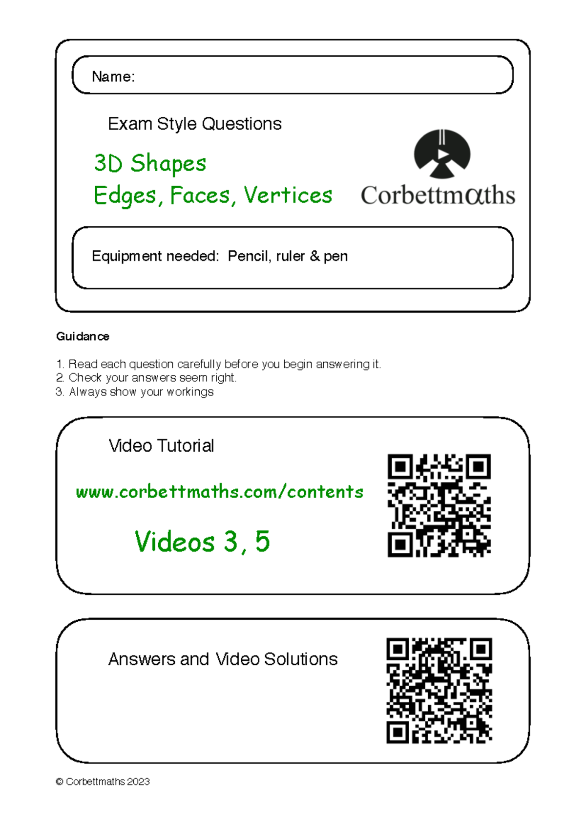 3D Shapes Exam Style Questions (Corbettmaths 2023) - Studocu