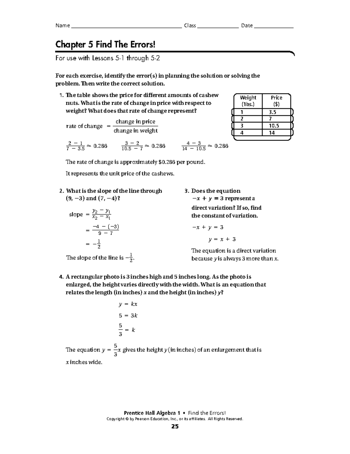 Linear Eq Findthe Errors 2pages - Prentice Hall Algebra 1 • Find the ...