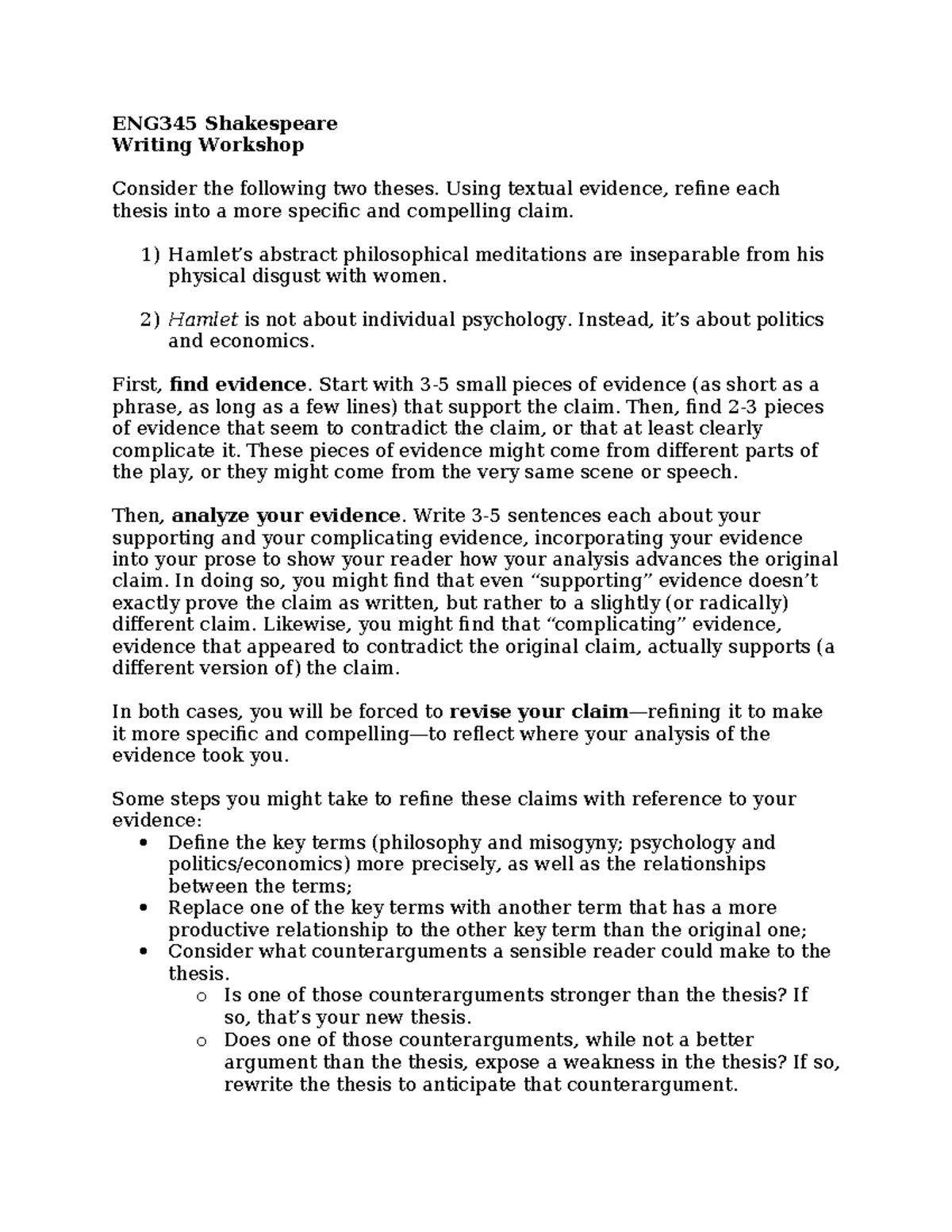 ENG345 Shakespeare Writing Workshop: Refining Theses with Evidence ...