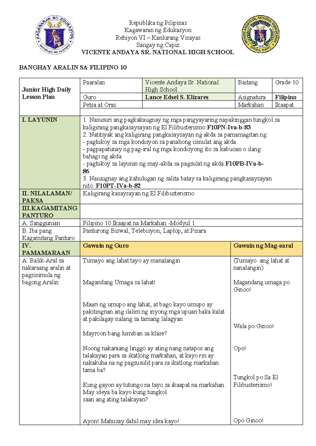 El Filibusterismo Lesson Plan for Filipino 10 (F10PN-Iva-b) - Studocu