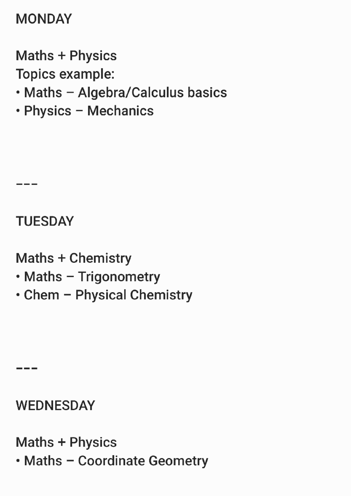 Weekly Timetable: Maths & Physics Topics Overview - Studocu